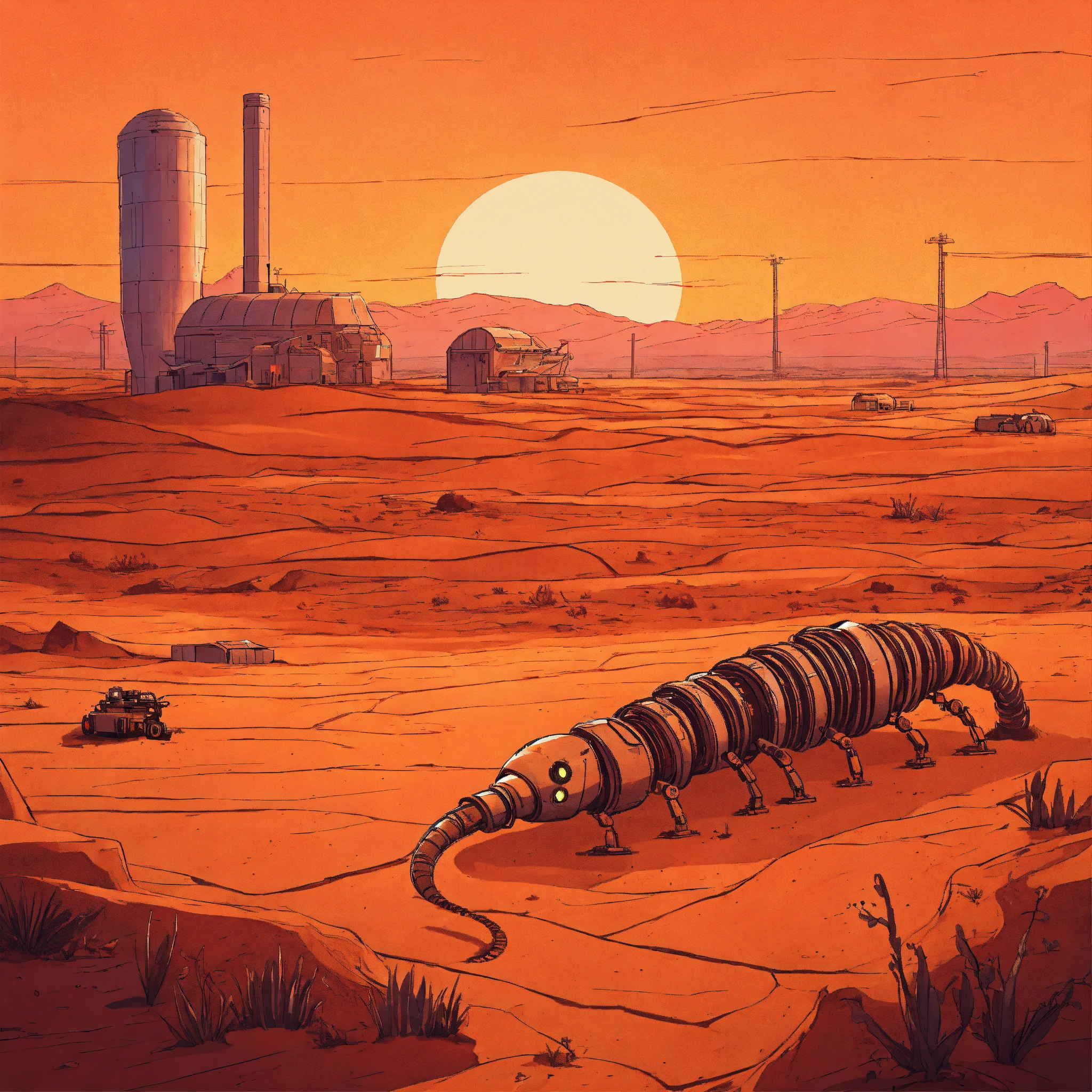 Lexica - Create a cartoon poster with a robot worm crawling toward ...