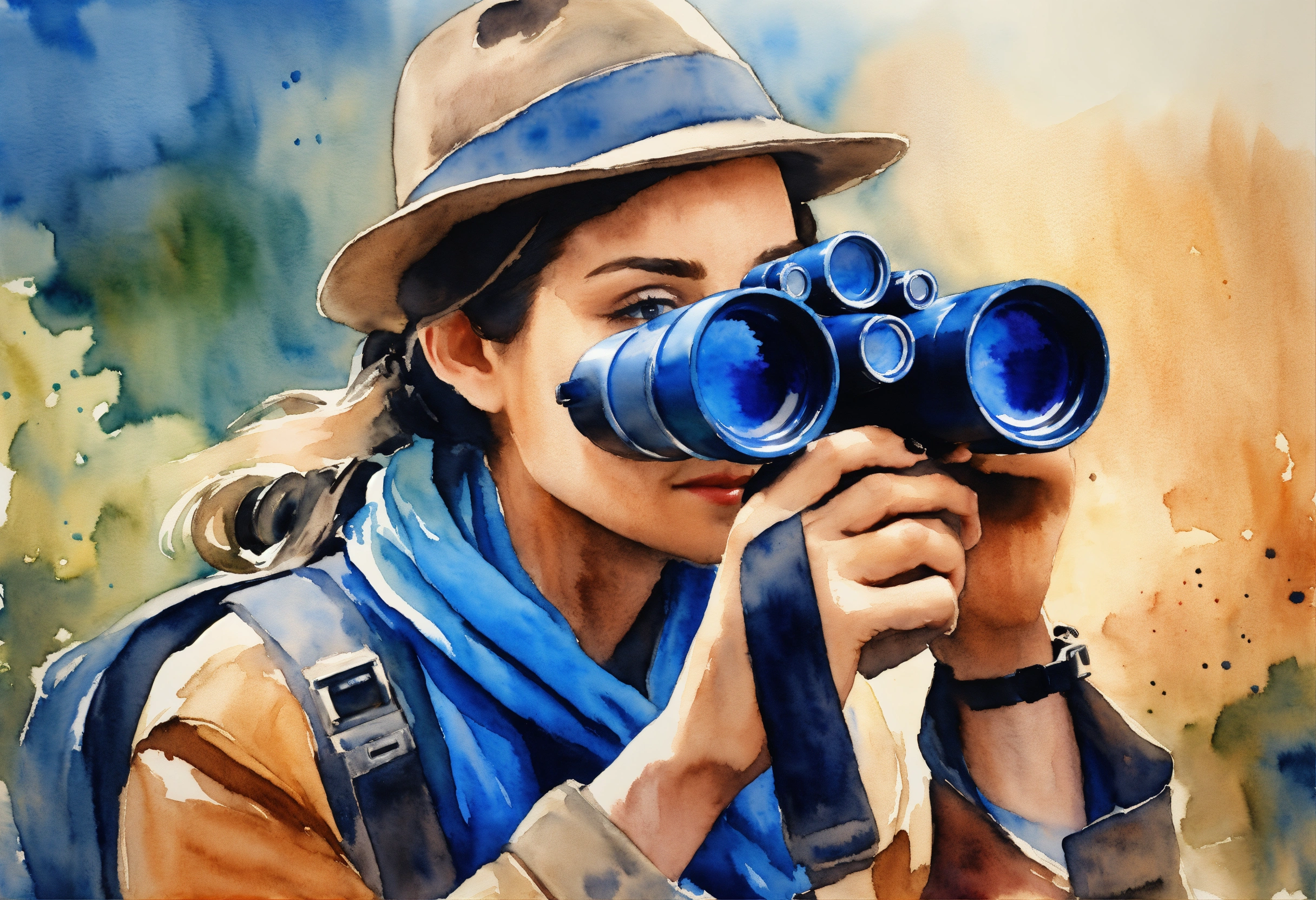 Lexica - Beautiful watercolor style blue, adventurer with binoculars ...