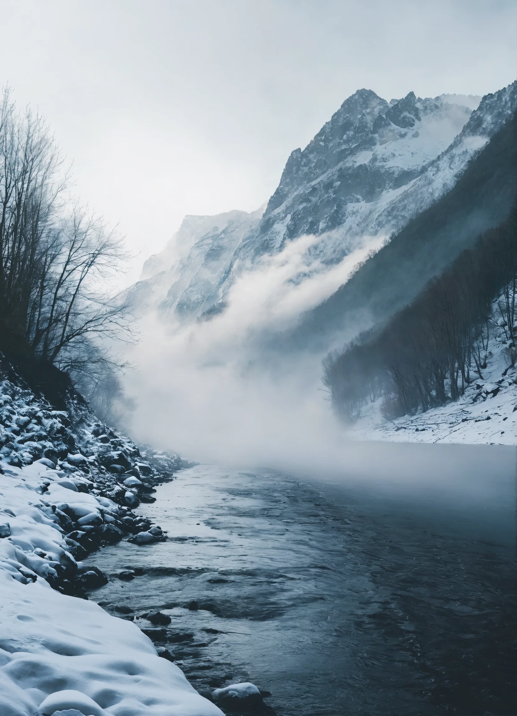 Lexica - Mountain river. Snow. fog. view from afar. realistic photography.