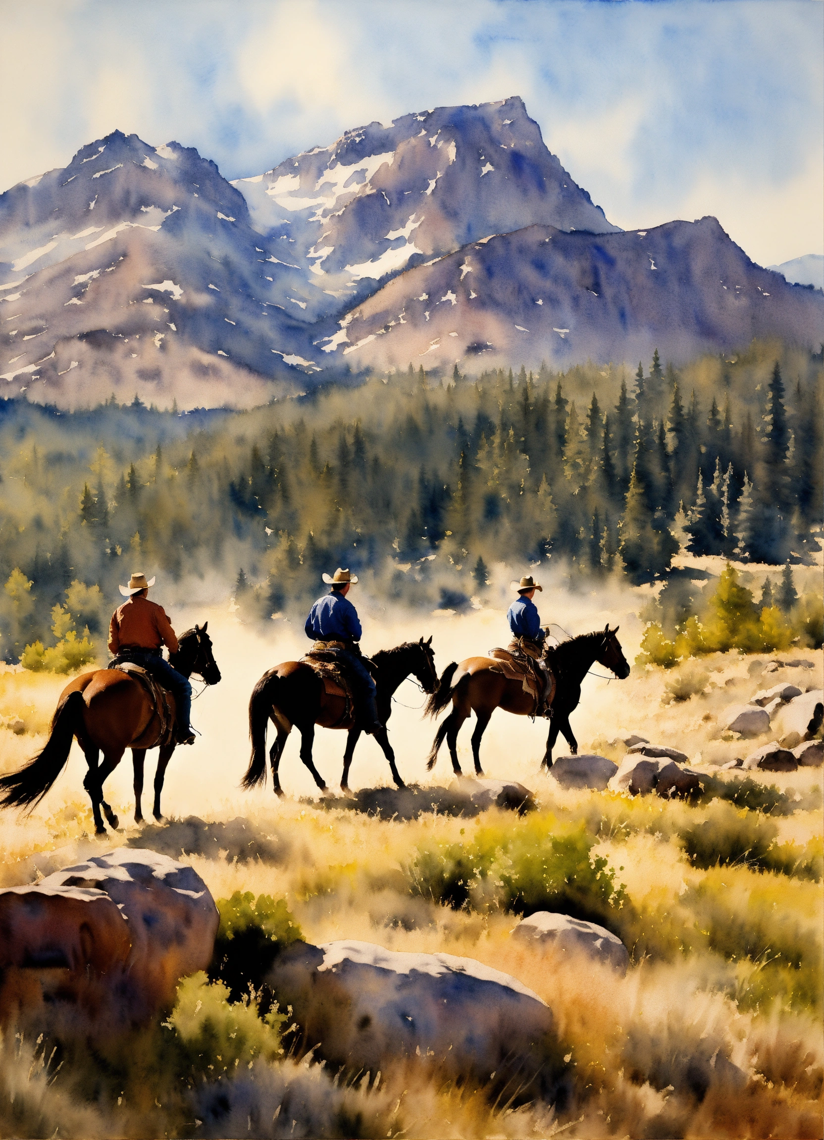 Lexica - Create a watercolor painting of a group of cowboys on ...