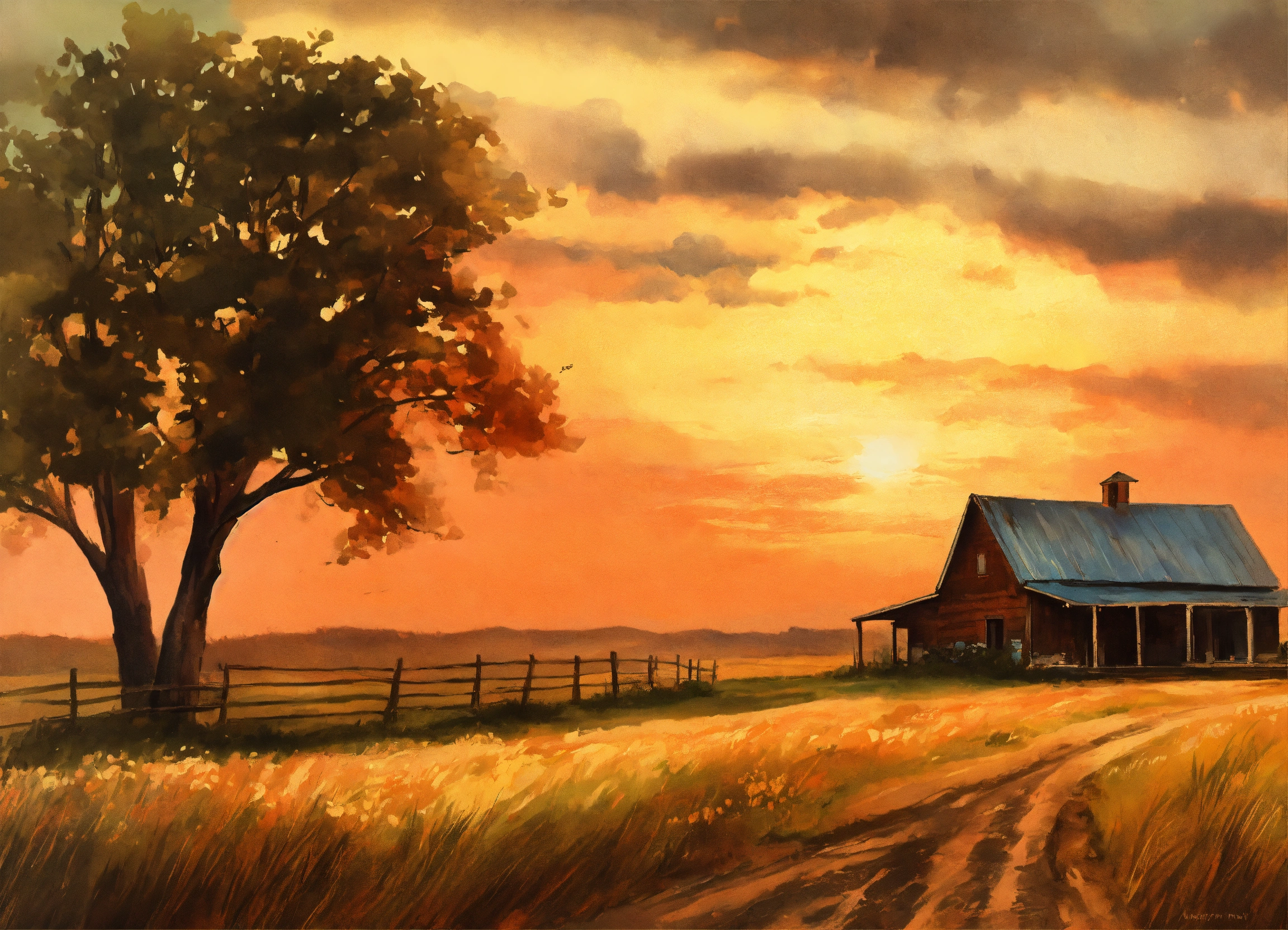 Lexica - Rustic Landscape Country Farmhouse Painting | Warm Tone Print ...