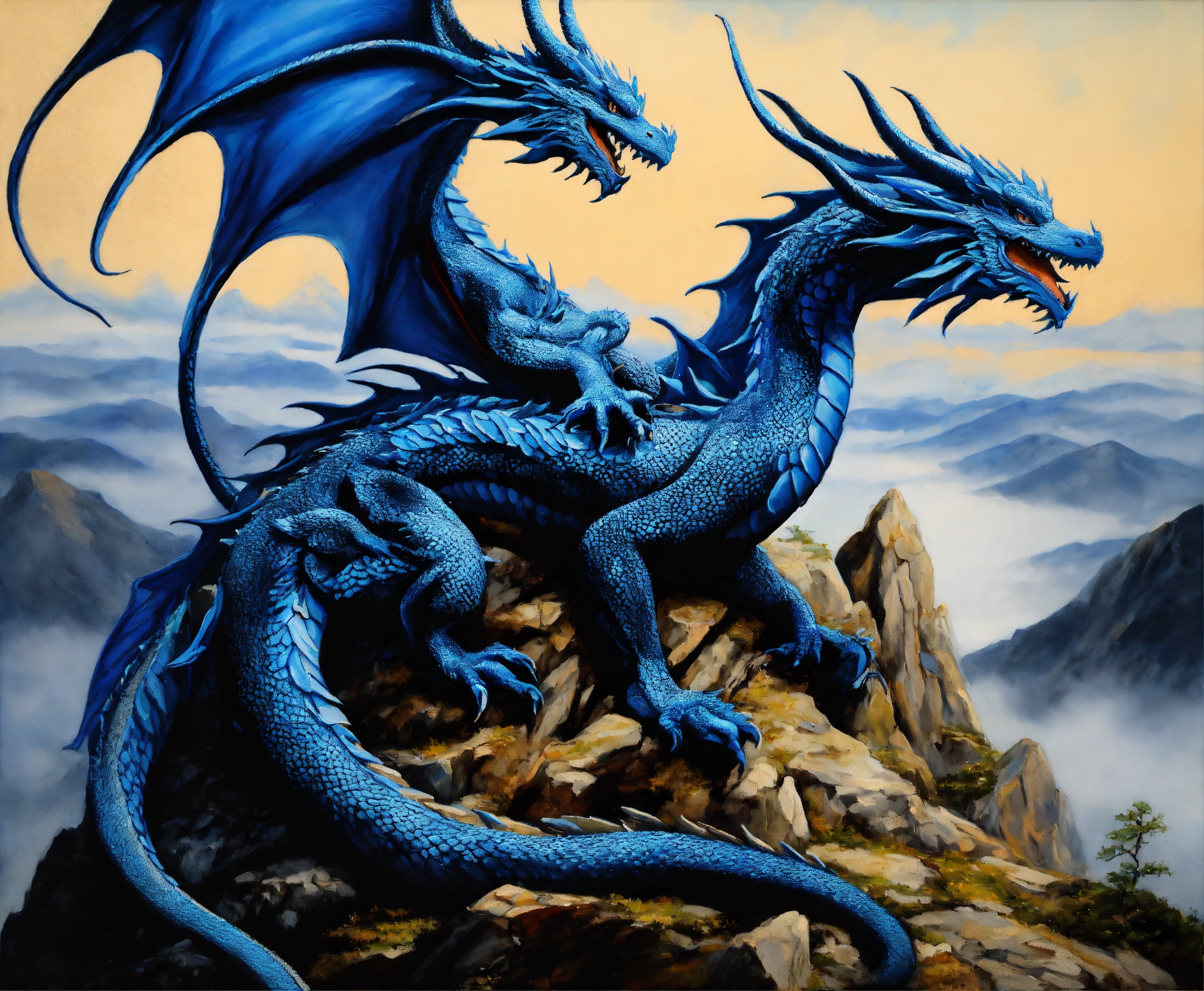 Lexica - Oil painting of two blue dragons touching each other on top of ...