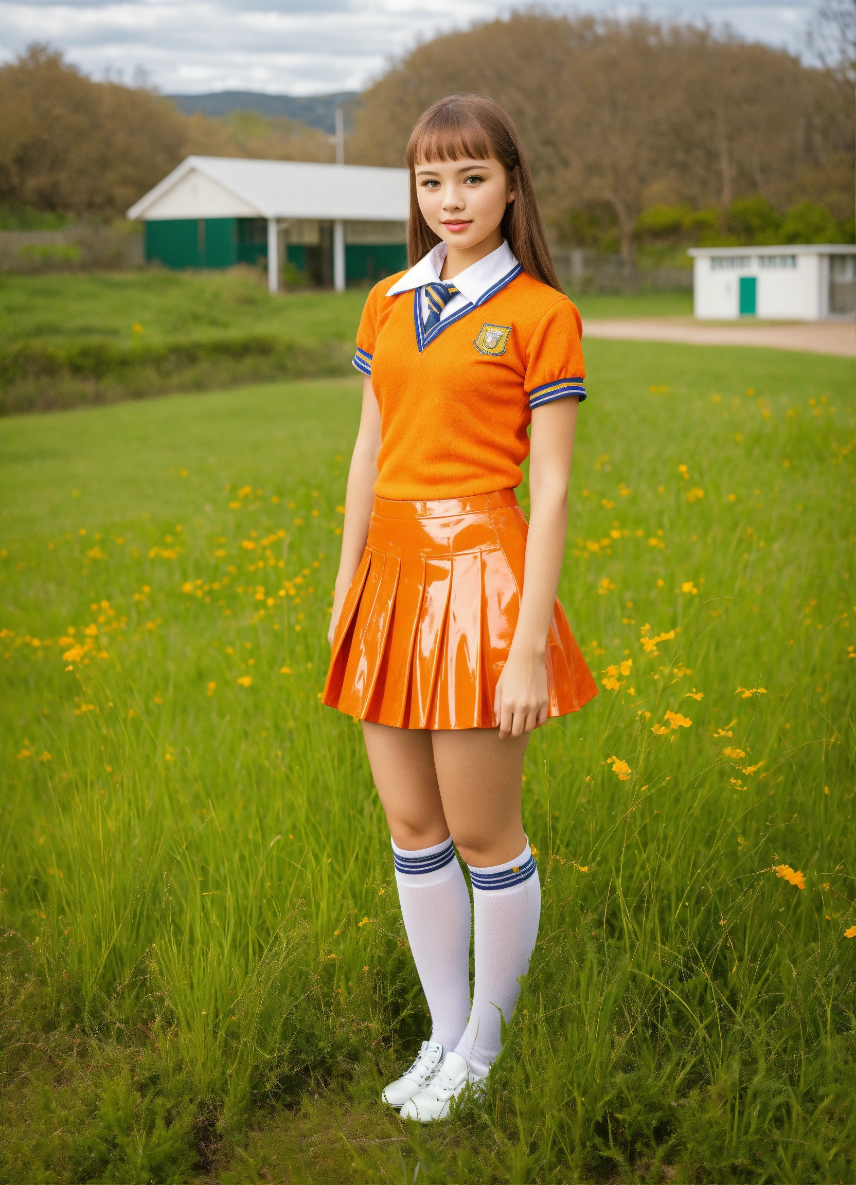 Lexica - Girl in glossy orange school uniform miniskirt