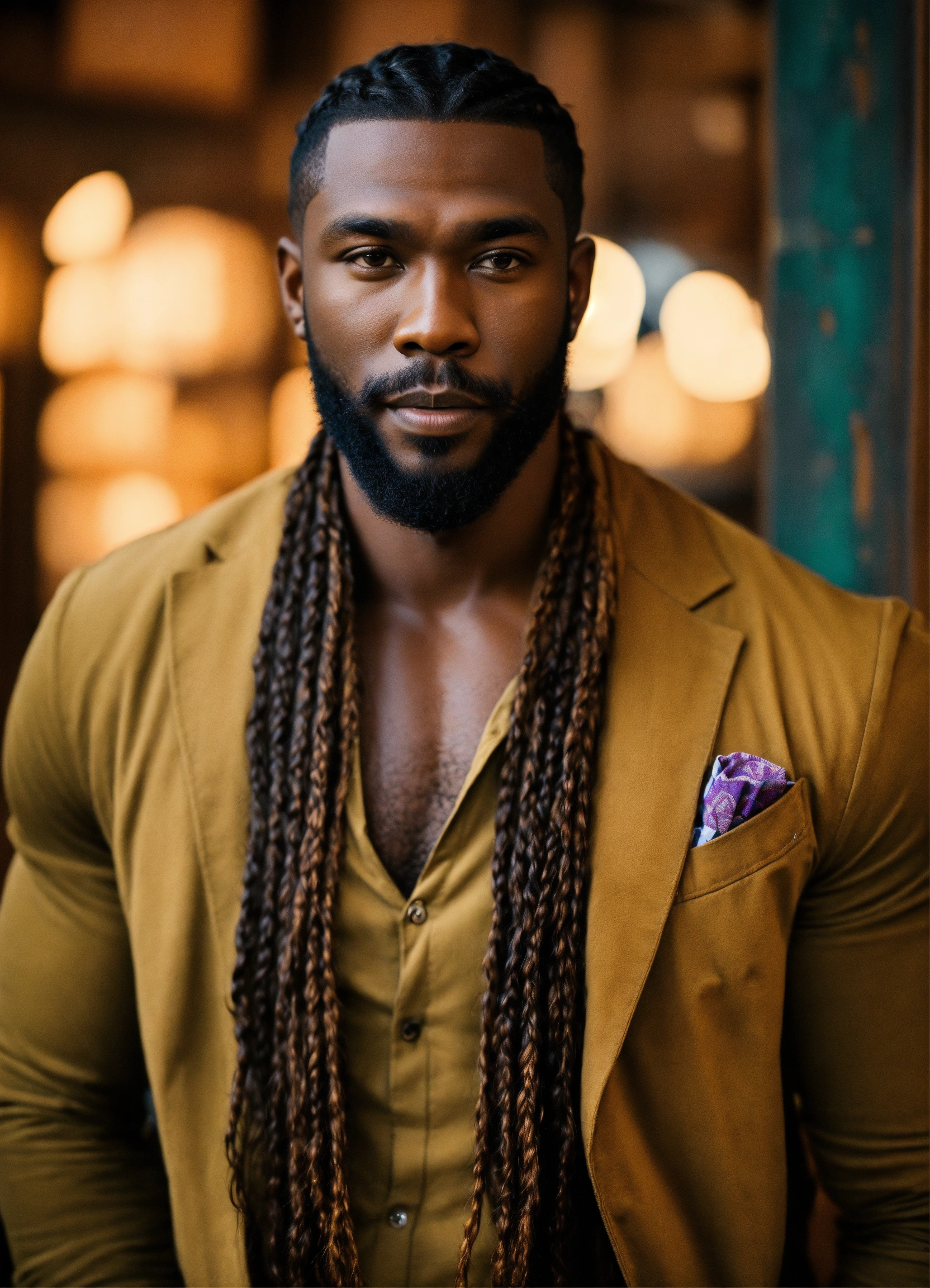 Lexica - Dark-skin Black man in his late 30s Broad muscular build Well ...