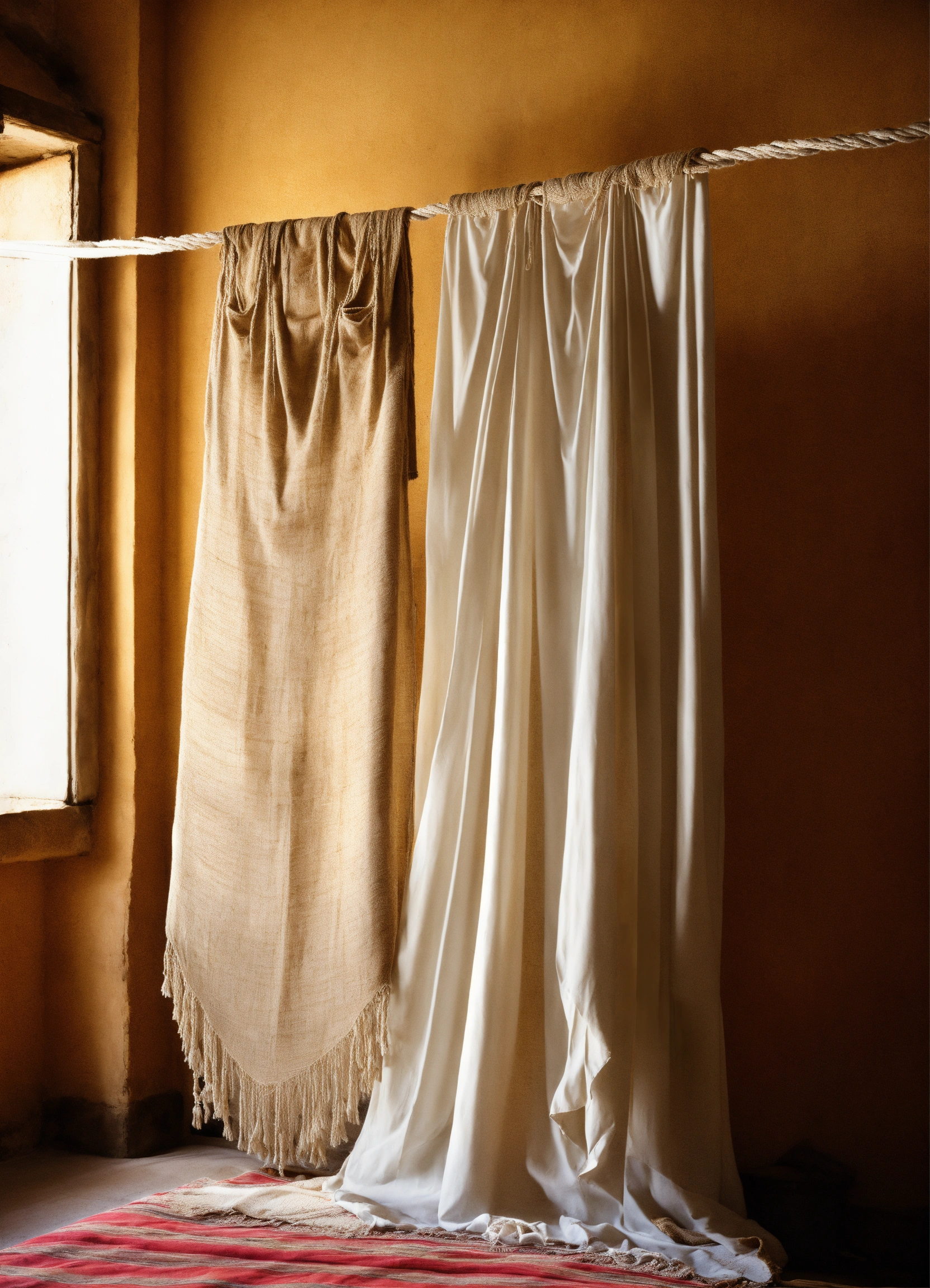 Lexica - Bed linen is dried on a rope, white frame, lenor, Italy