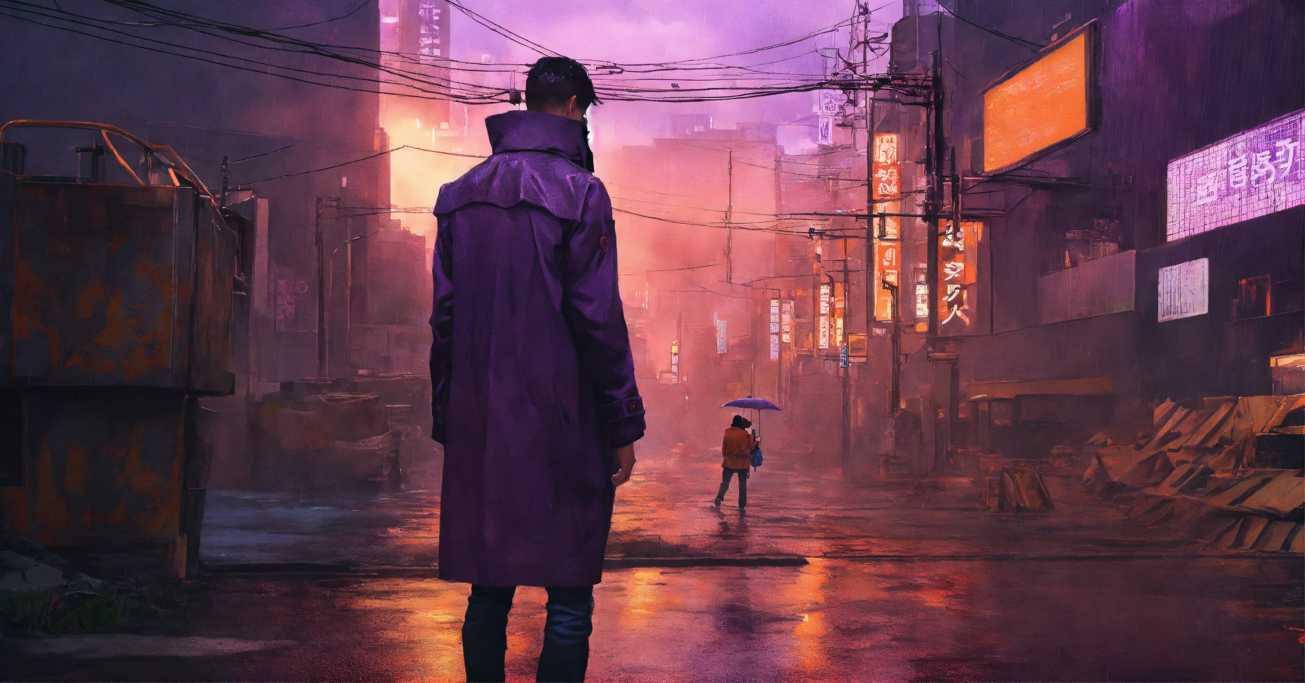 Lexica - Tokyo, post-apocalyptic, rainy mood, purple, orange, one men ...