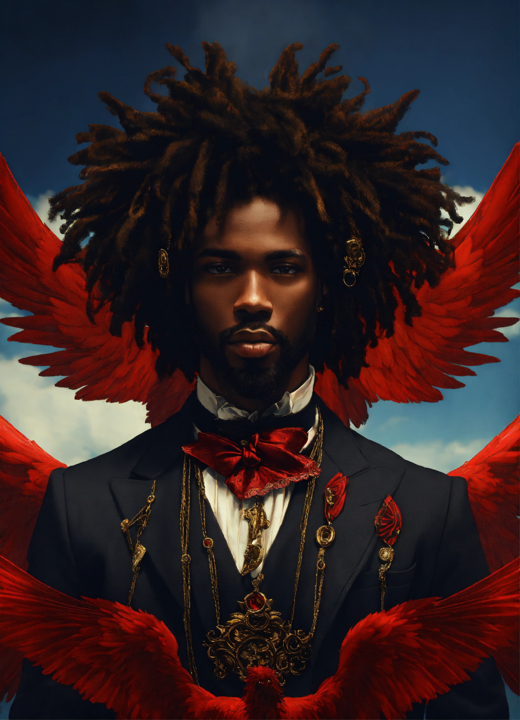 Lexica - Black man black dreadlocks Victorian red winged angel 4k