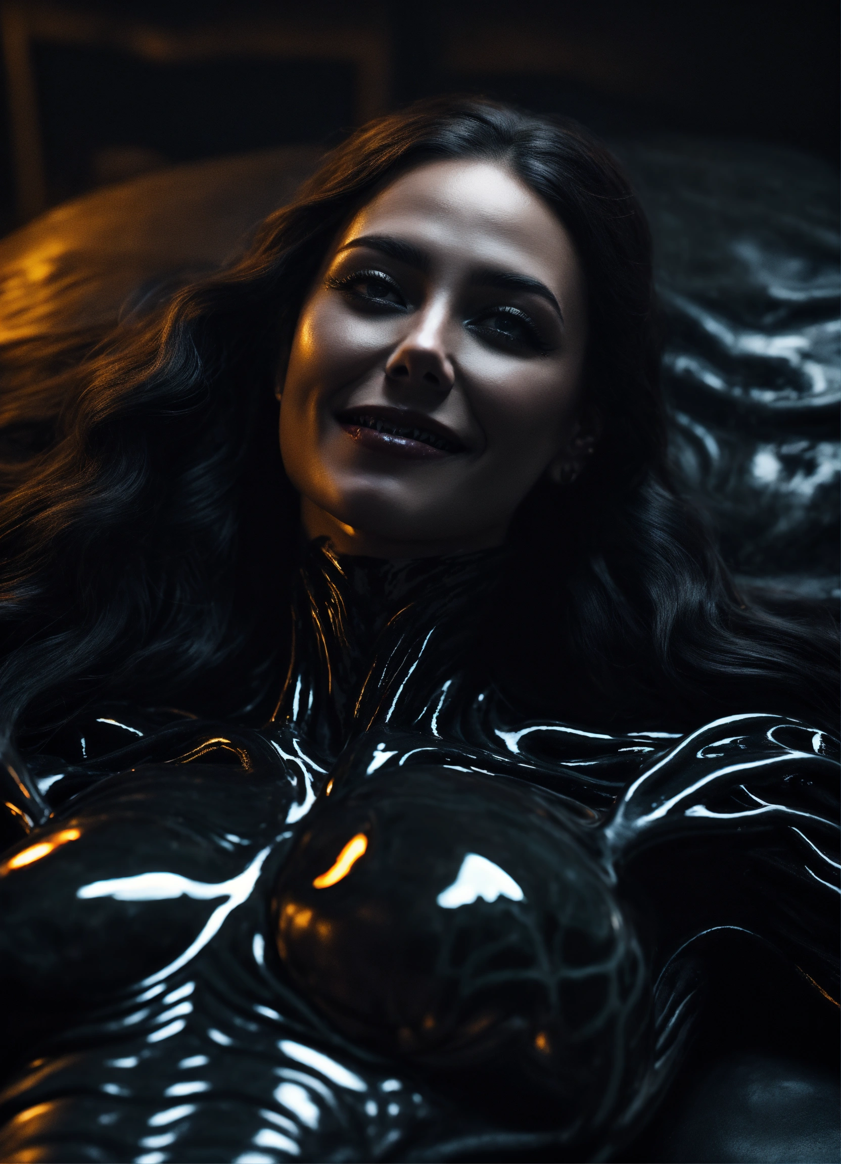 Lexica - An ultrarealistic full body photograph of woman venom symbiote, laying in dark black ...