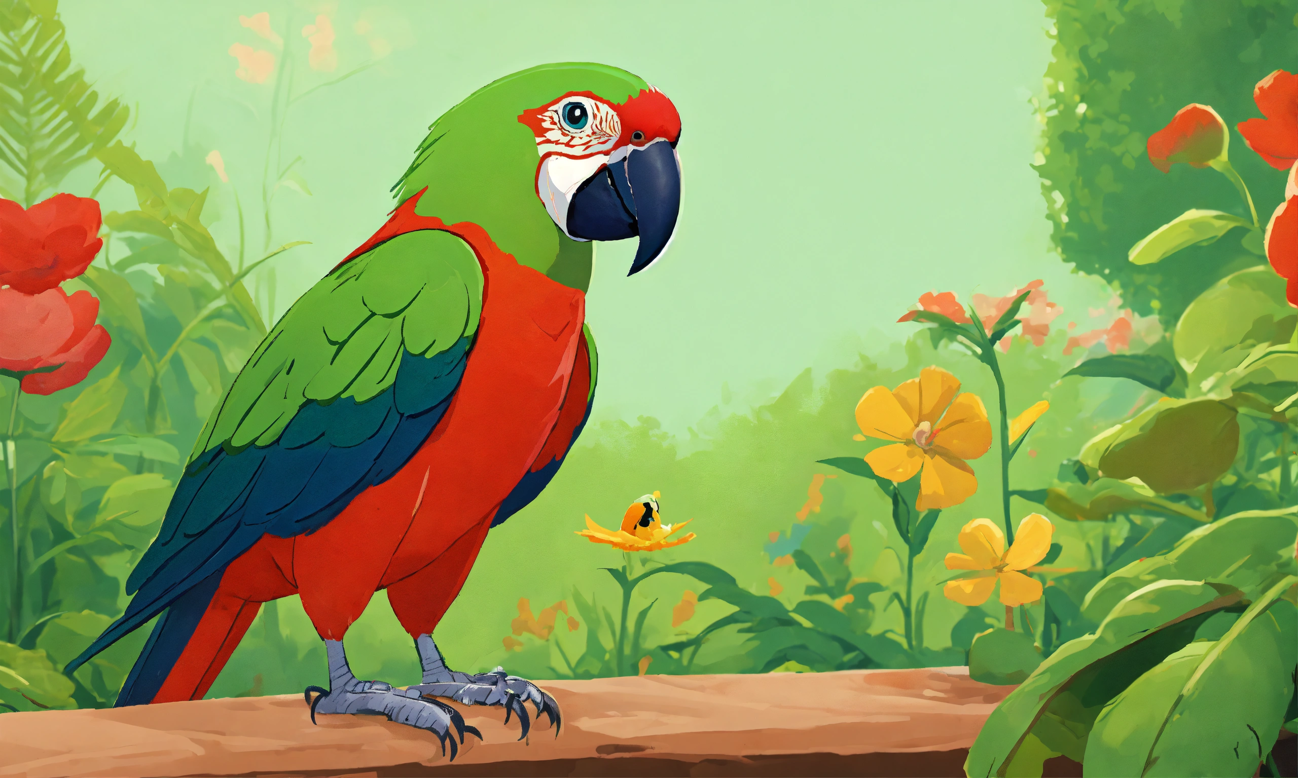 Lexica - Green parrot with a red beak in a garden, style of Donald ...