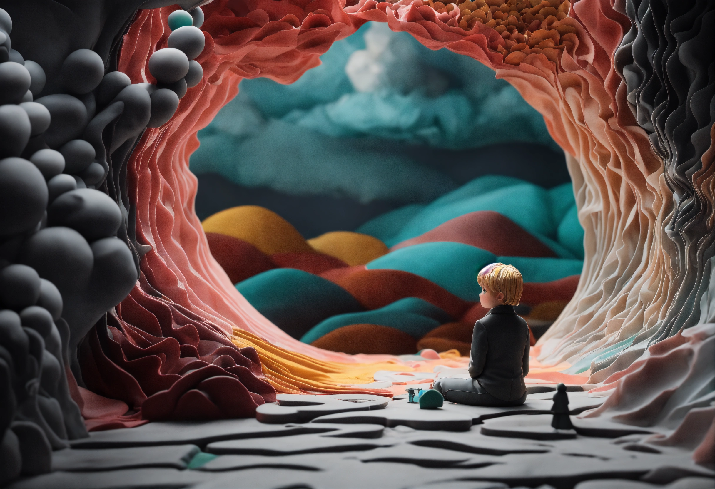 Lexica - Black and white and colors, 3d surreal modeling clay landscape ...