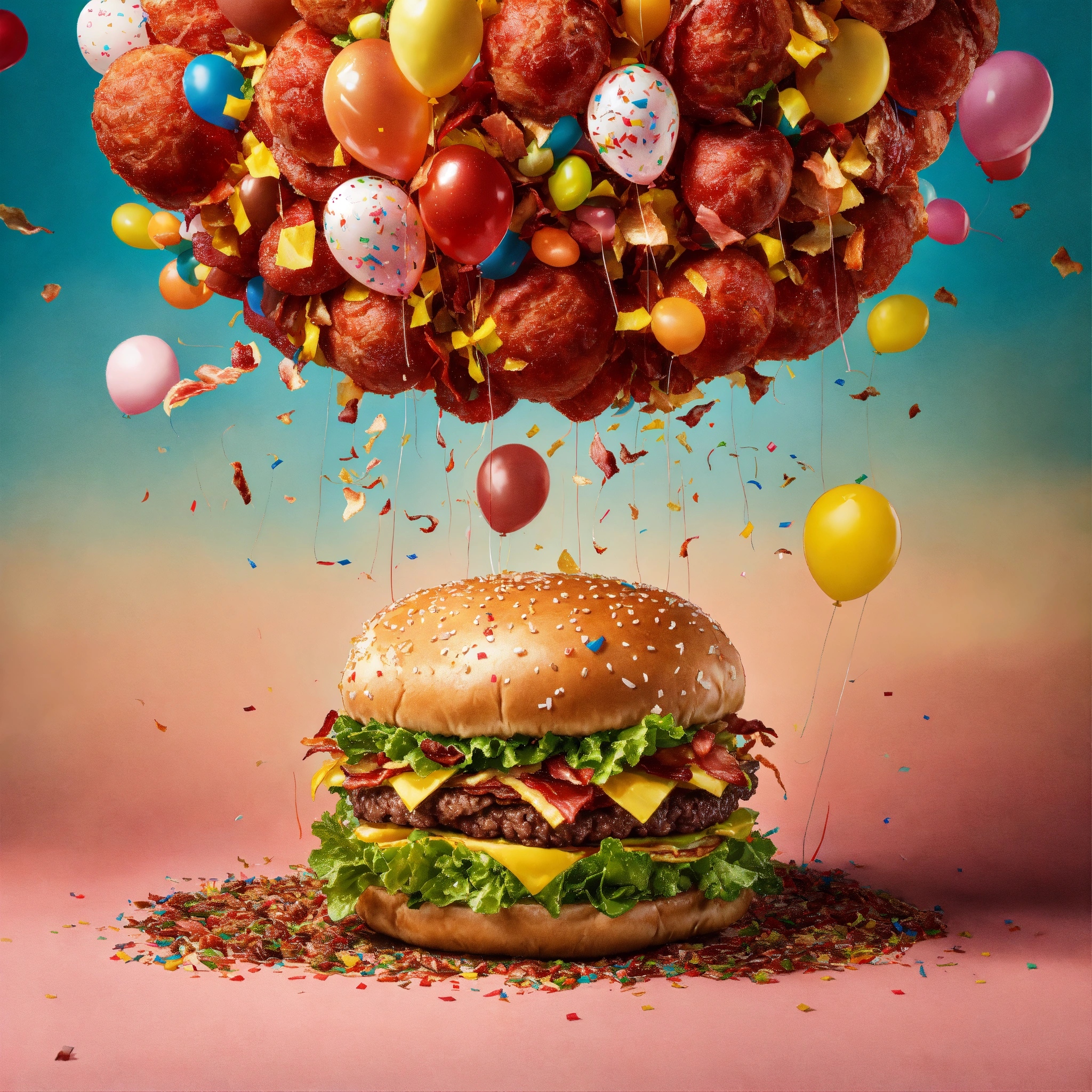Lexica - A very tall hamburger made out of party balloons, confetti and ...