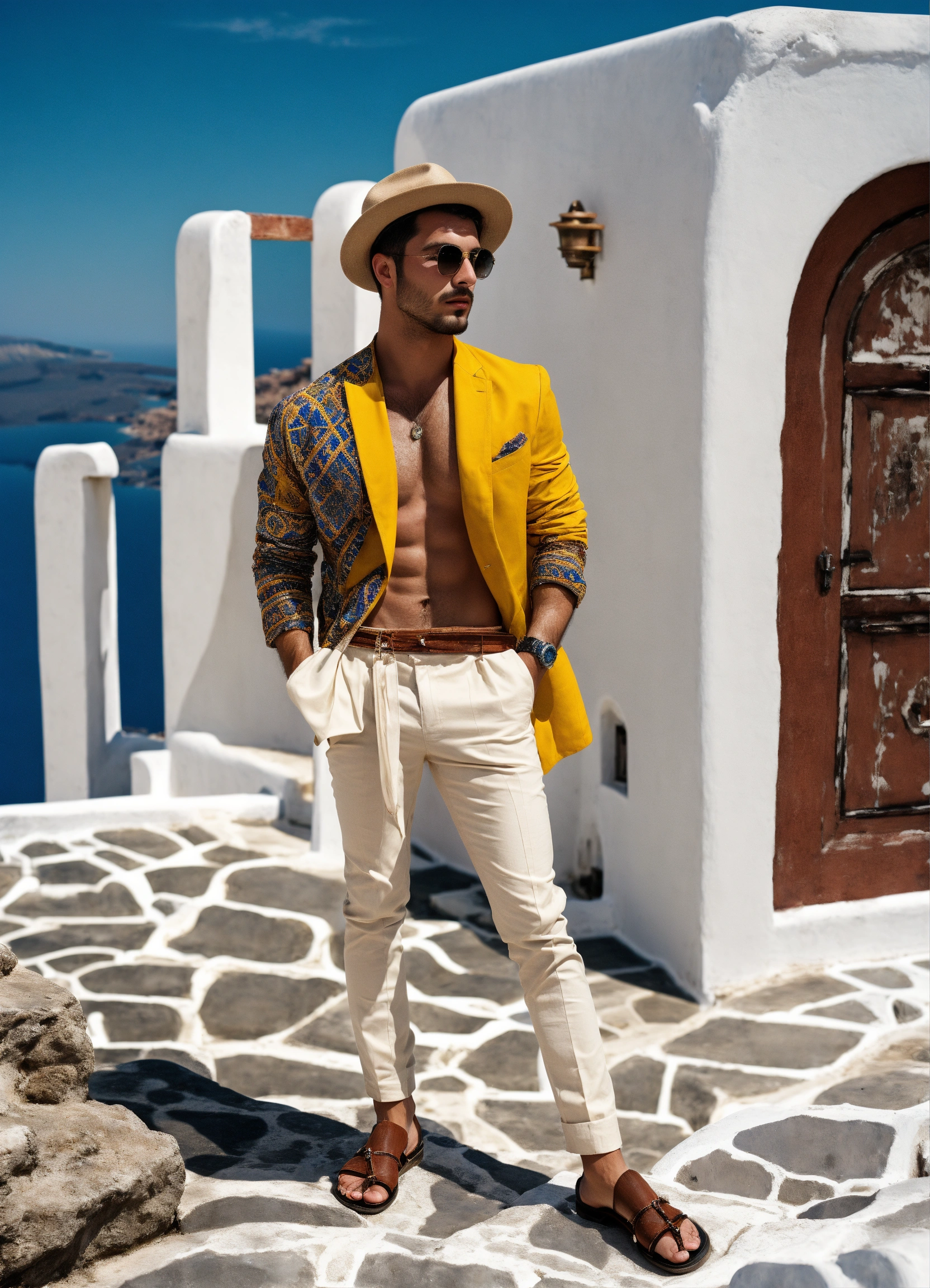 Lexica - Men wears Greek high fashion background santorini