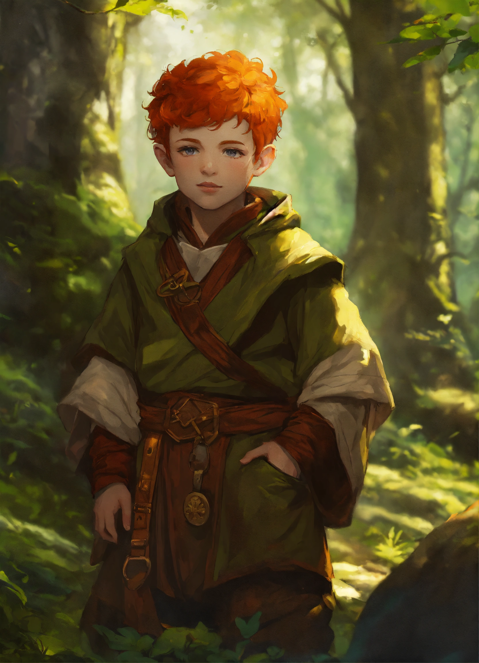 Lexica - Red headed halfling monk and cleric in monk robes in a forest