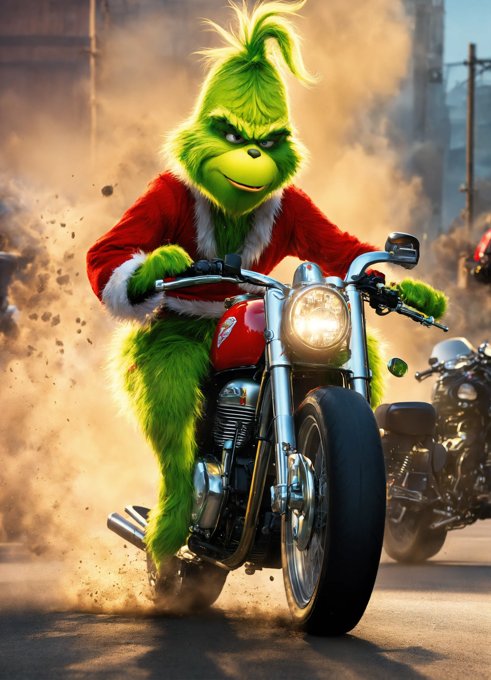Lexica - Grinch with a christmas hat, driving a cafe racer motorcycle ...