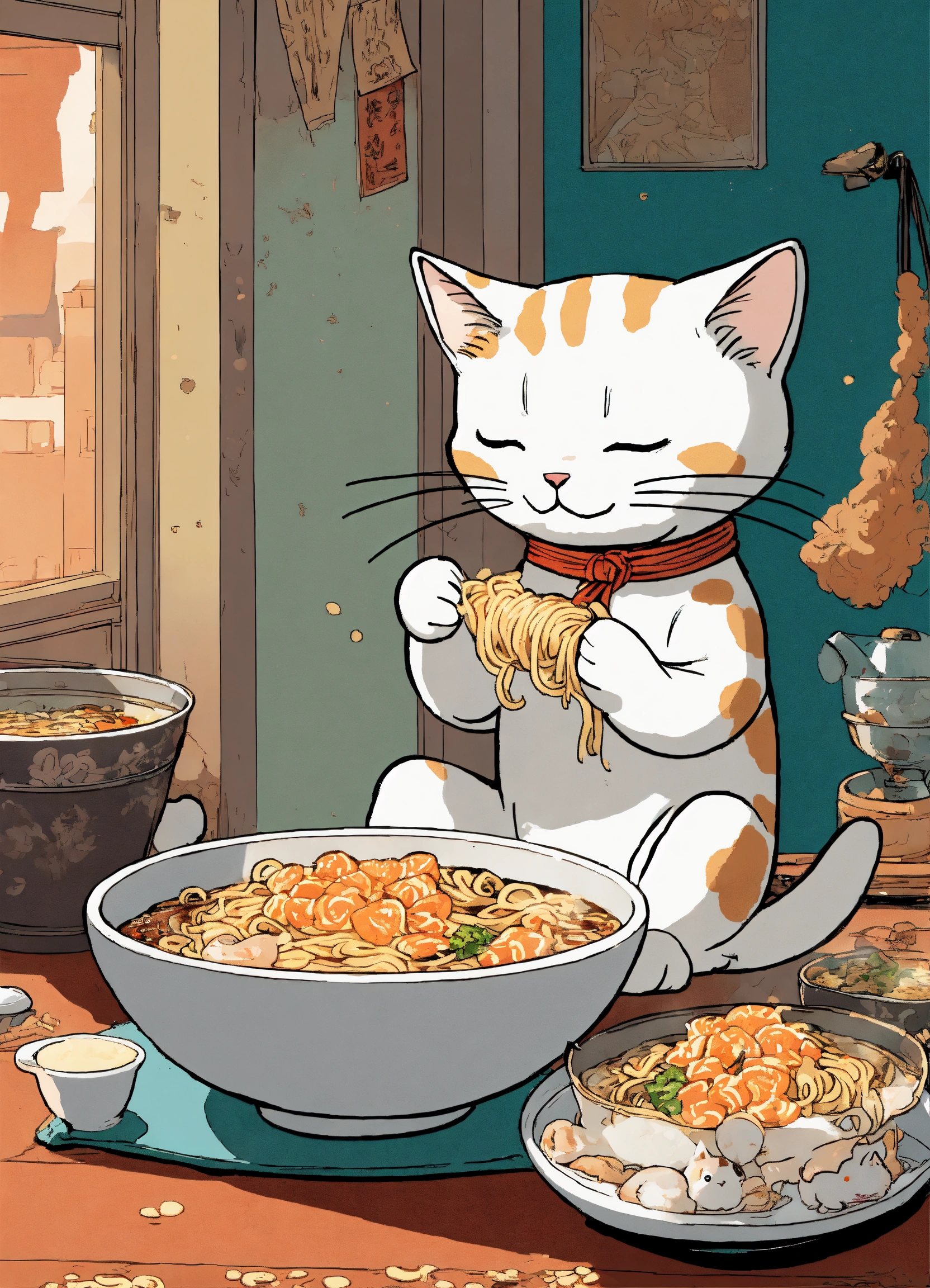 Lexica - A cute white with brown spots cat eating ramen, illustration ...
