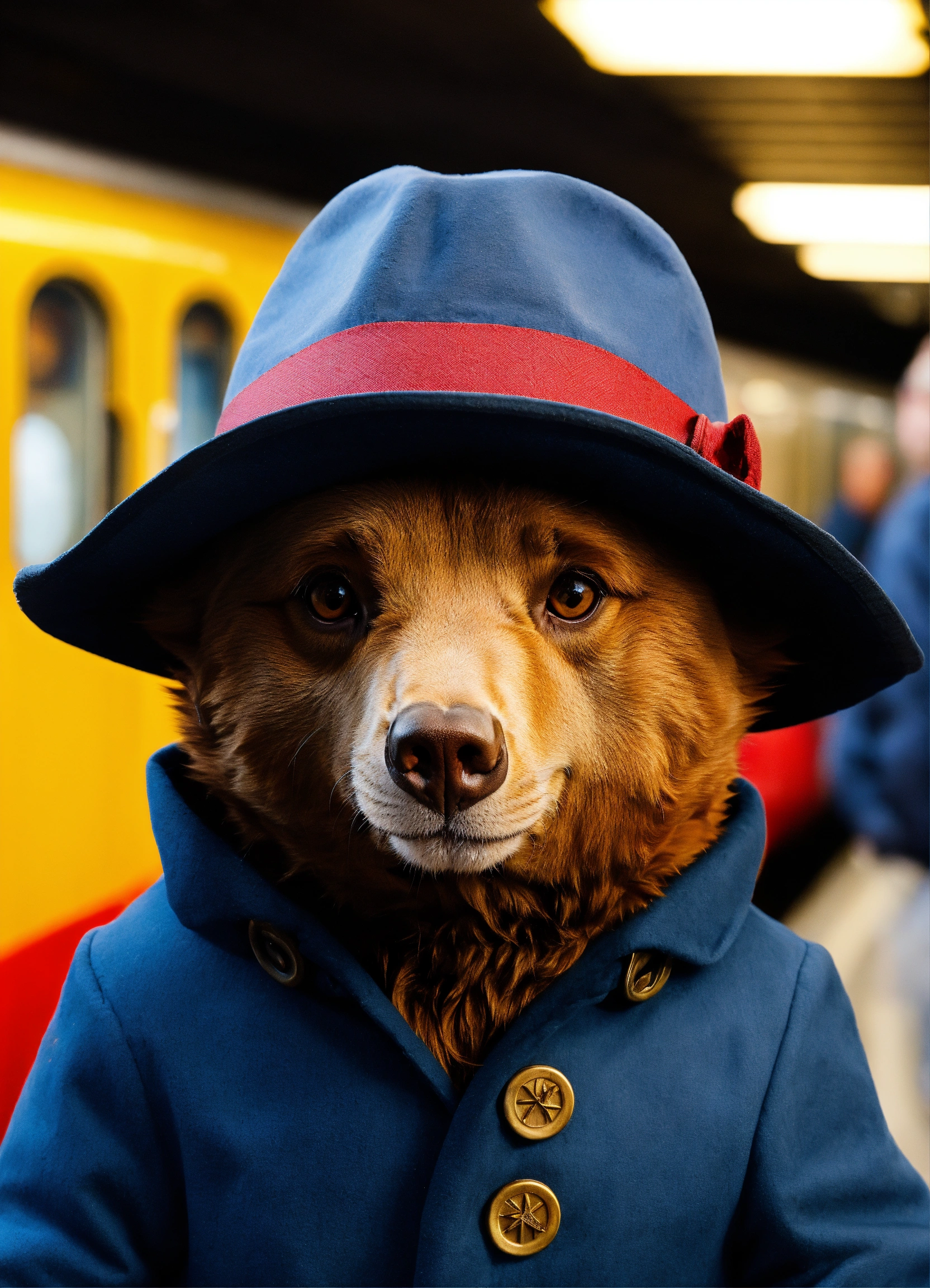 Lexica - Paddington doing angry stare. On train platform. Close up.