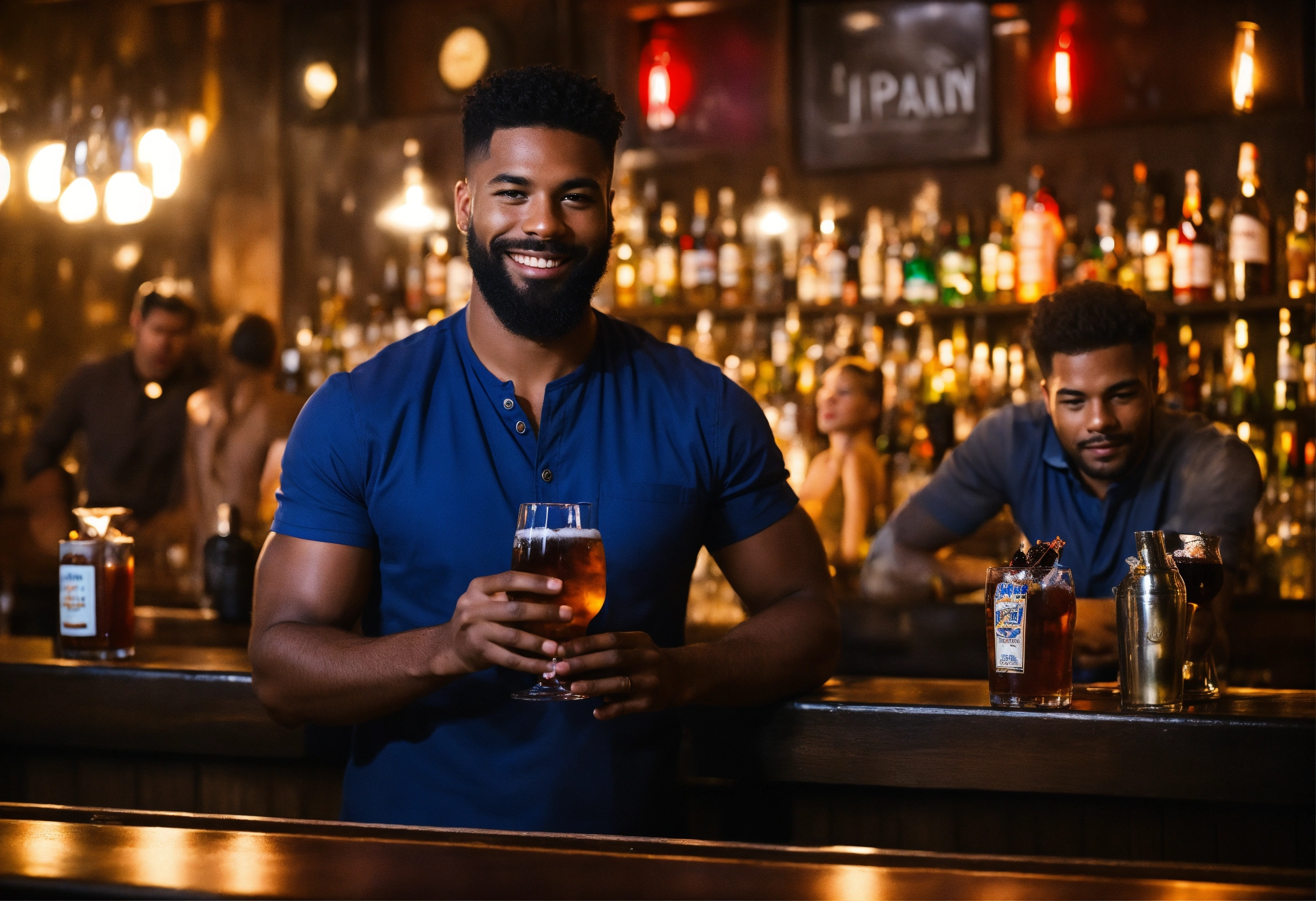 Lexica - Diverse group of men at a Bar with pretty bartender