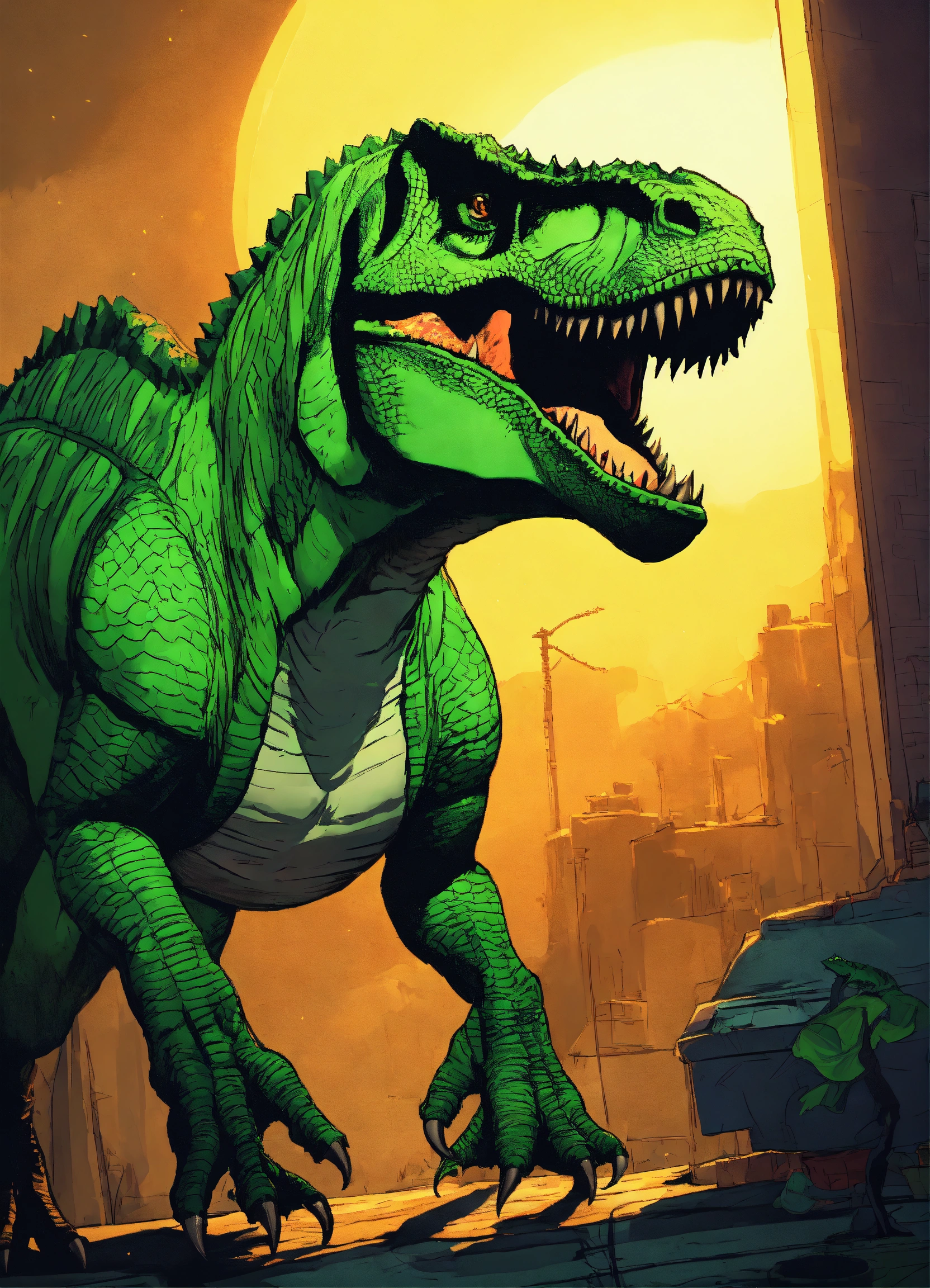 Lexica - Green t-rex in a comic book style and volumetric lighting