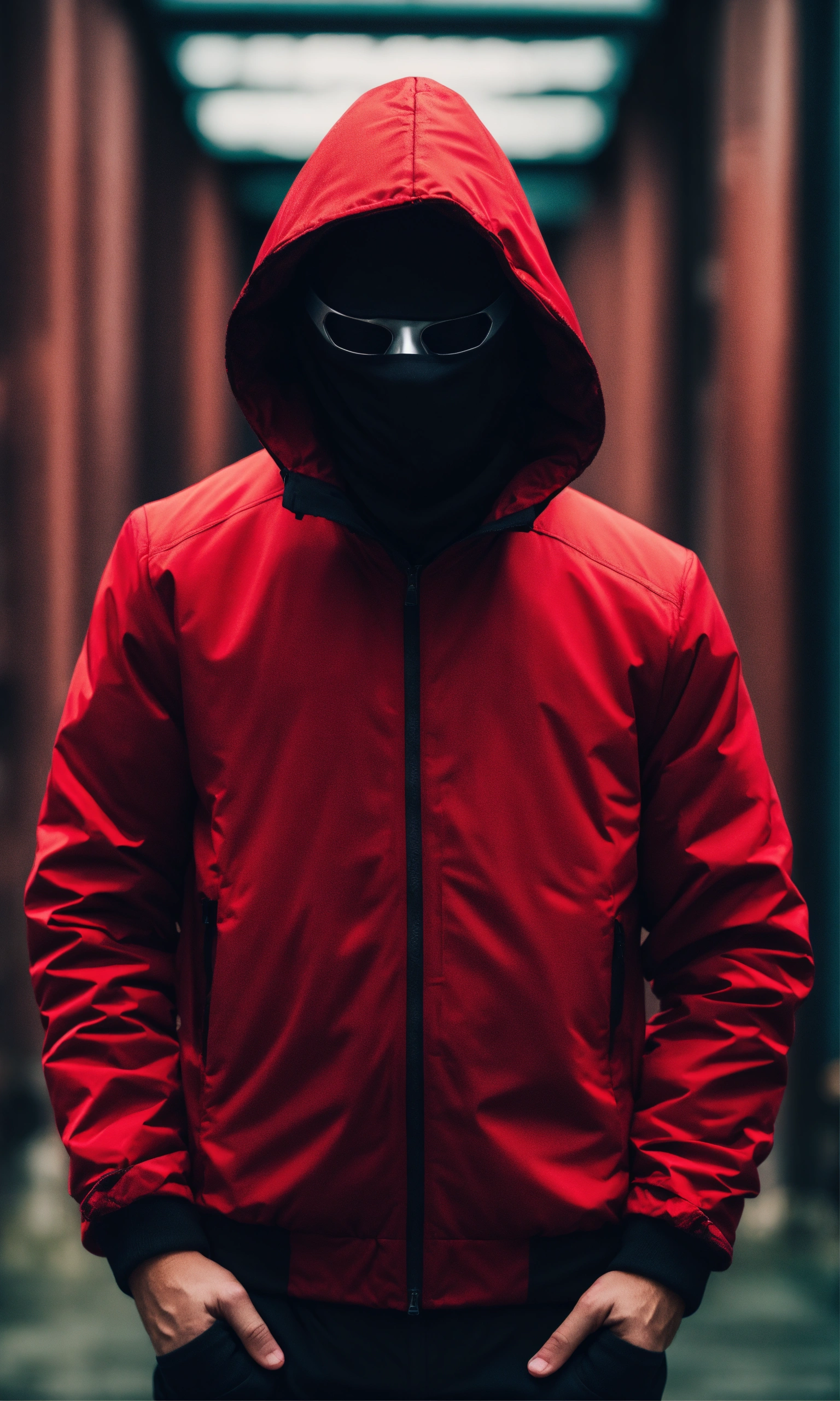 Lexica - Anonymous hacker in red jacket with hidden face with arms crossed