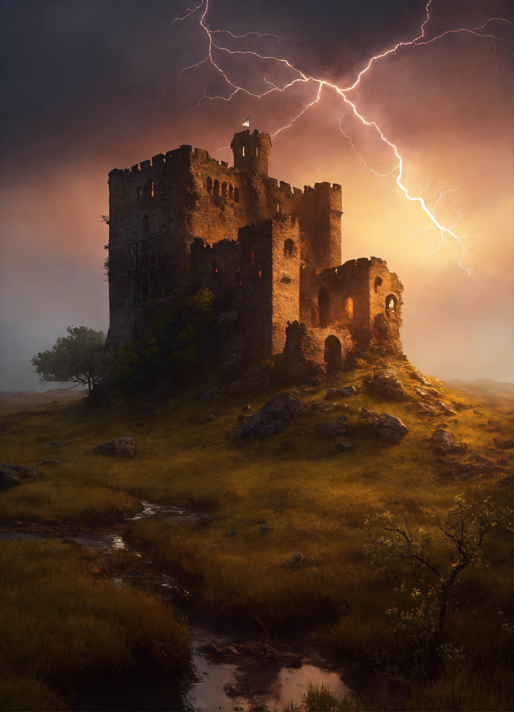 Lexica - Ruin of a stone castle in the middle of a foggy barren swamp ...