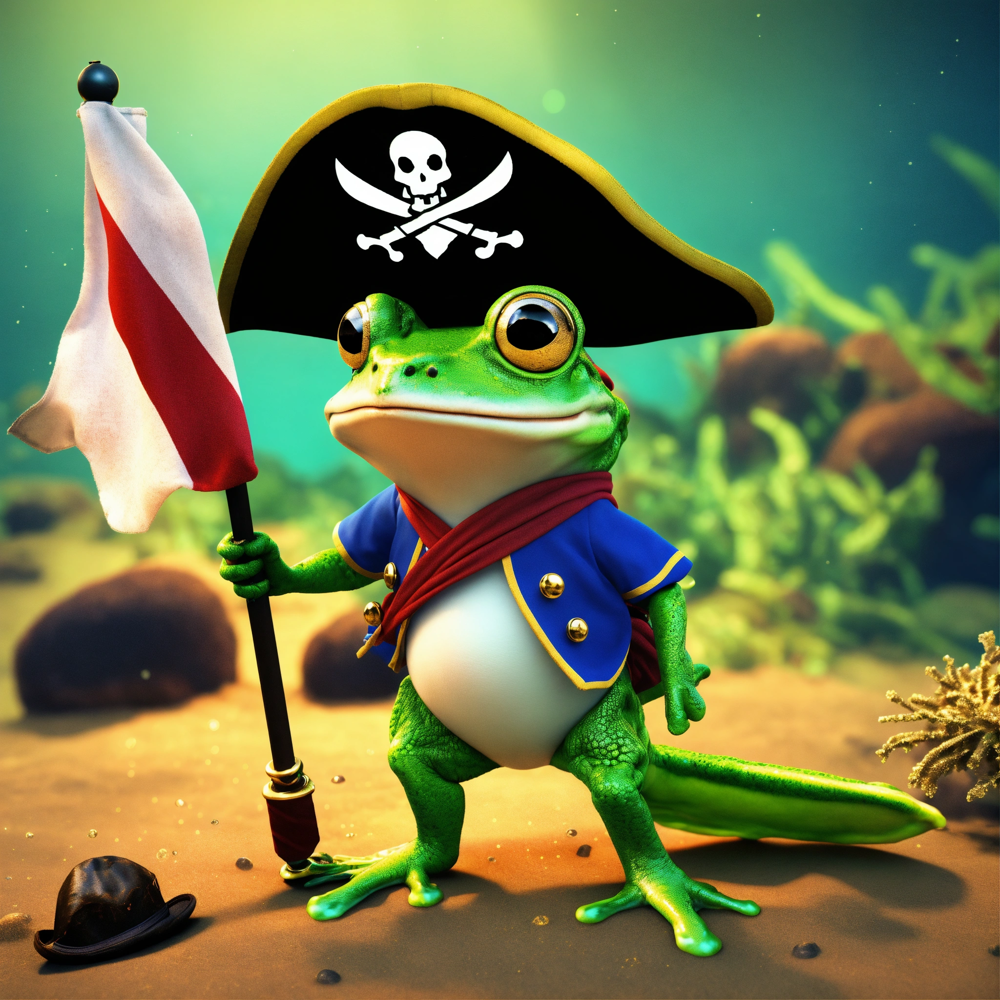Lexica - Pirate frog, wearing a pirate hat, holding a pirate flag ...