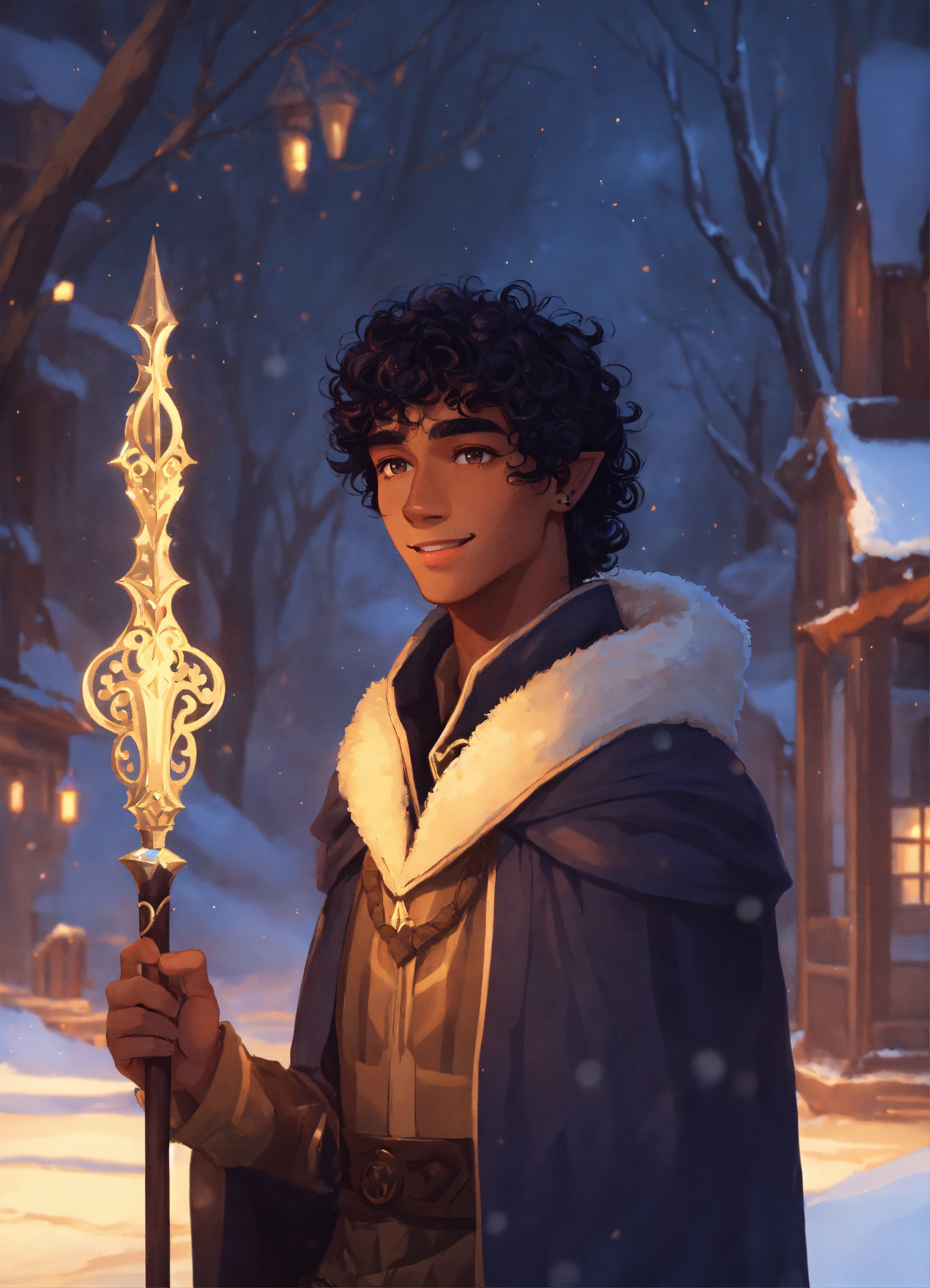 Lexica - 25 year old elf man, curly black hair, tan skin, hazel eyes ...