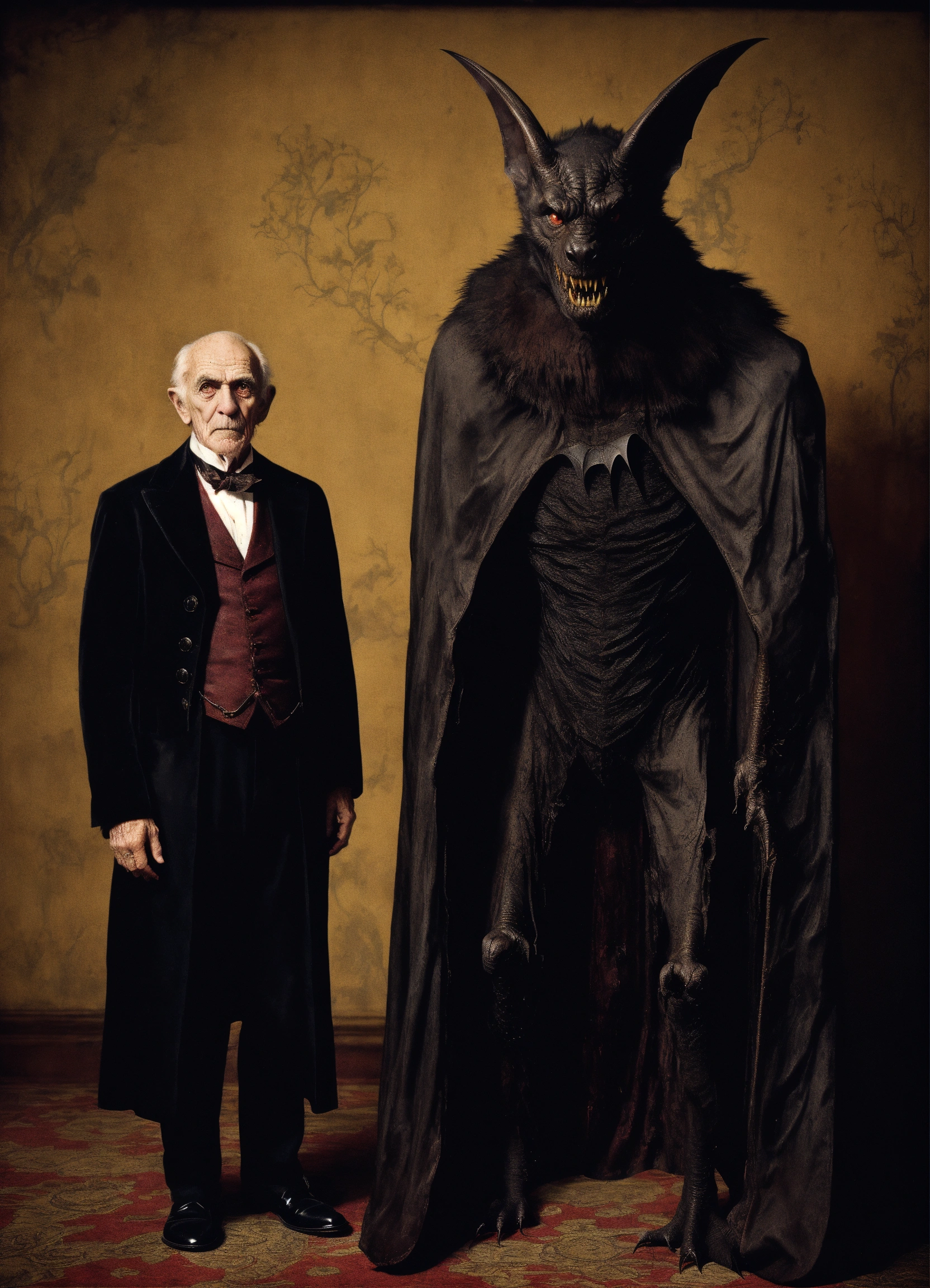 Lexica - Old vampire man standing next to a giant bat monster, in the style of contemporary ...