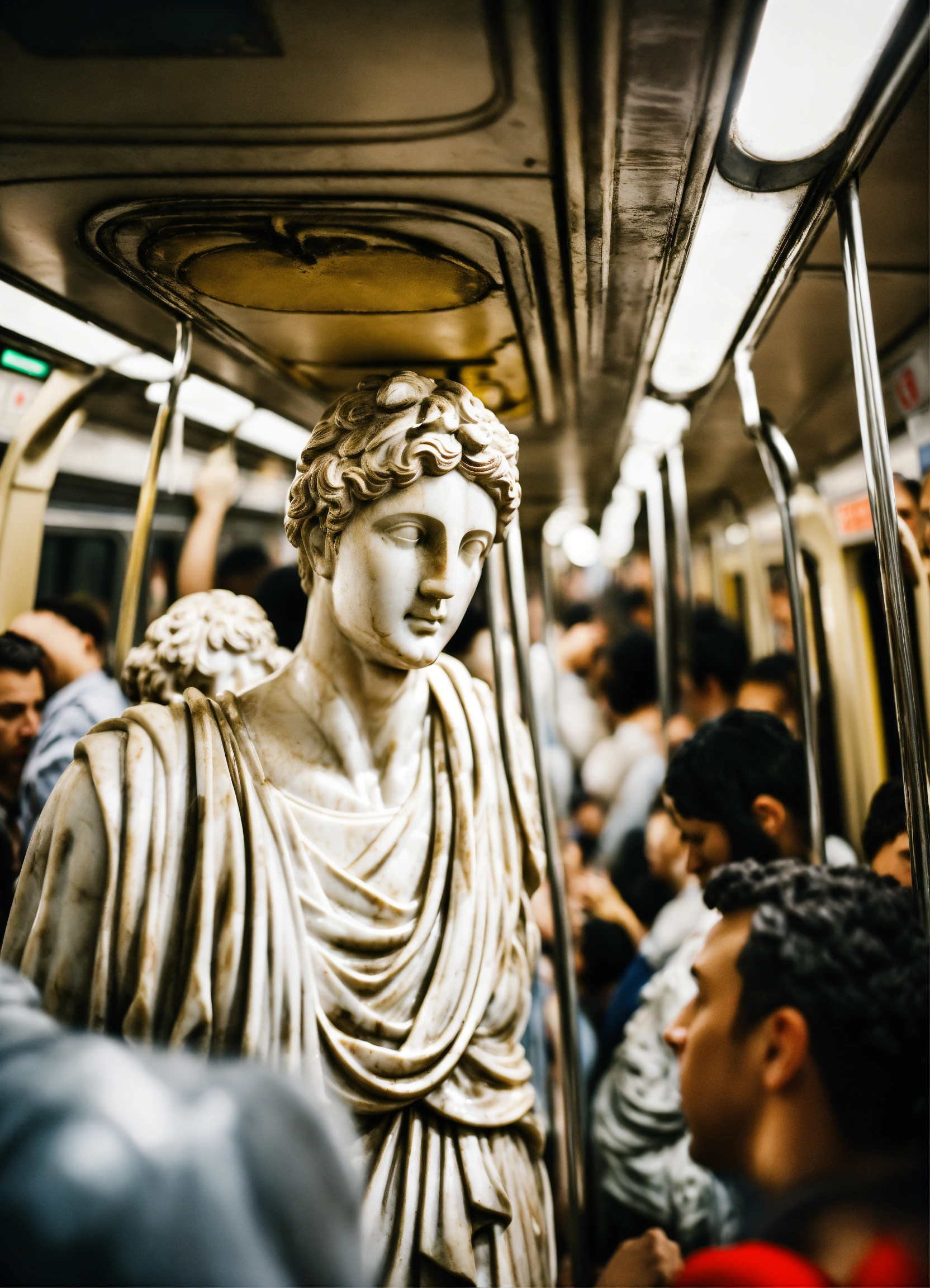 Lexica - Sad white (Greek marble statues) commuting in a ( very crowded ...