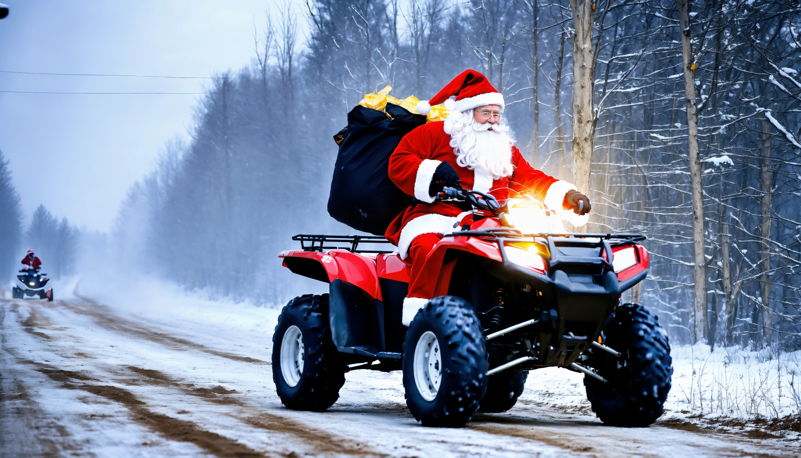 Lexica - Santa Claus with big sack bag rides along a snowy road on an ...