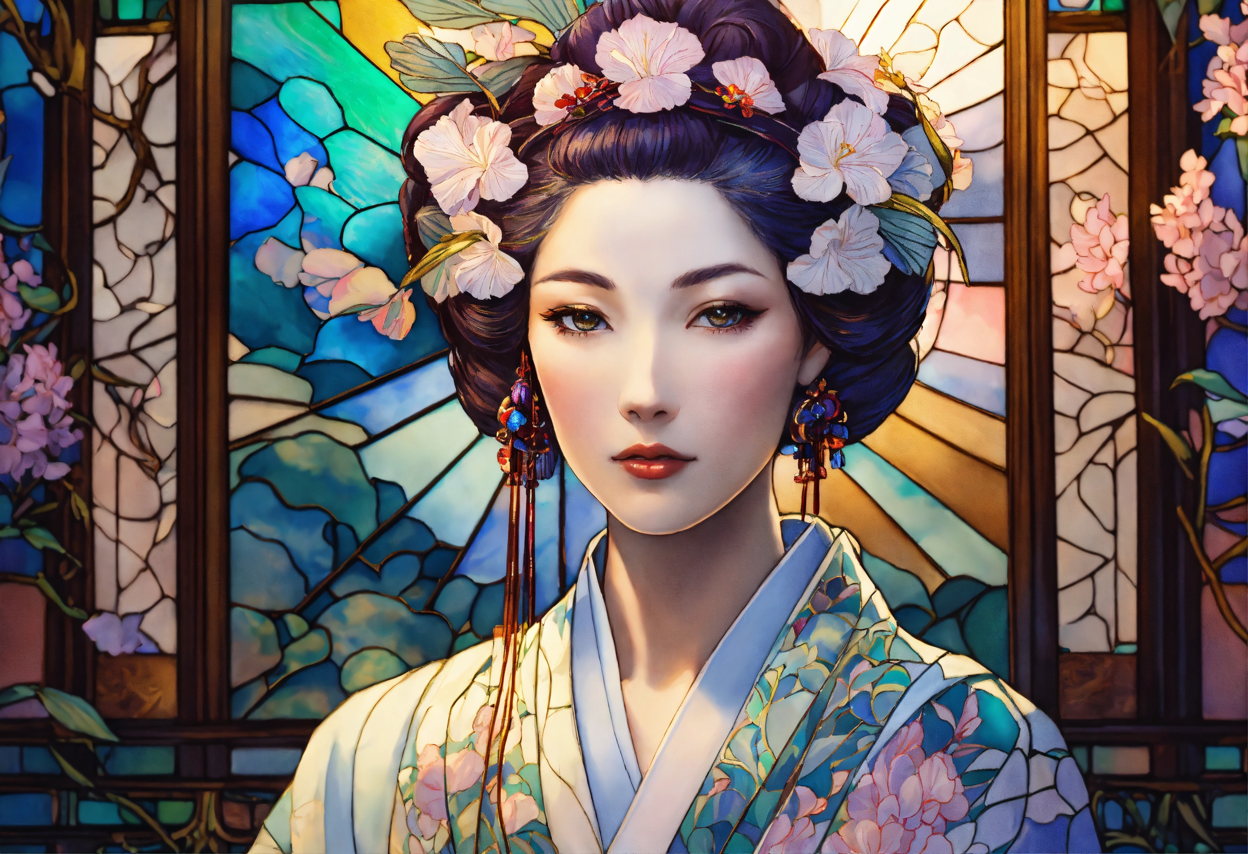 Lexica - Portrait of a WHITE geisha in Art Nouveau style, dressed in a ...