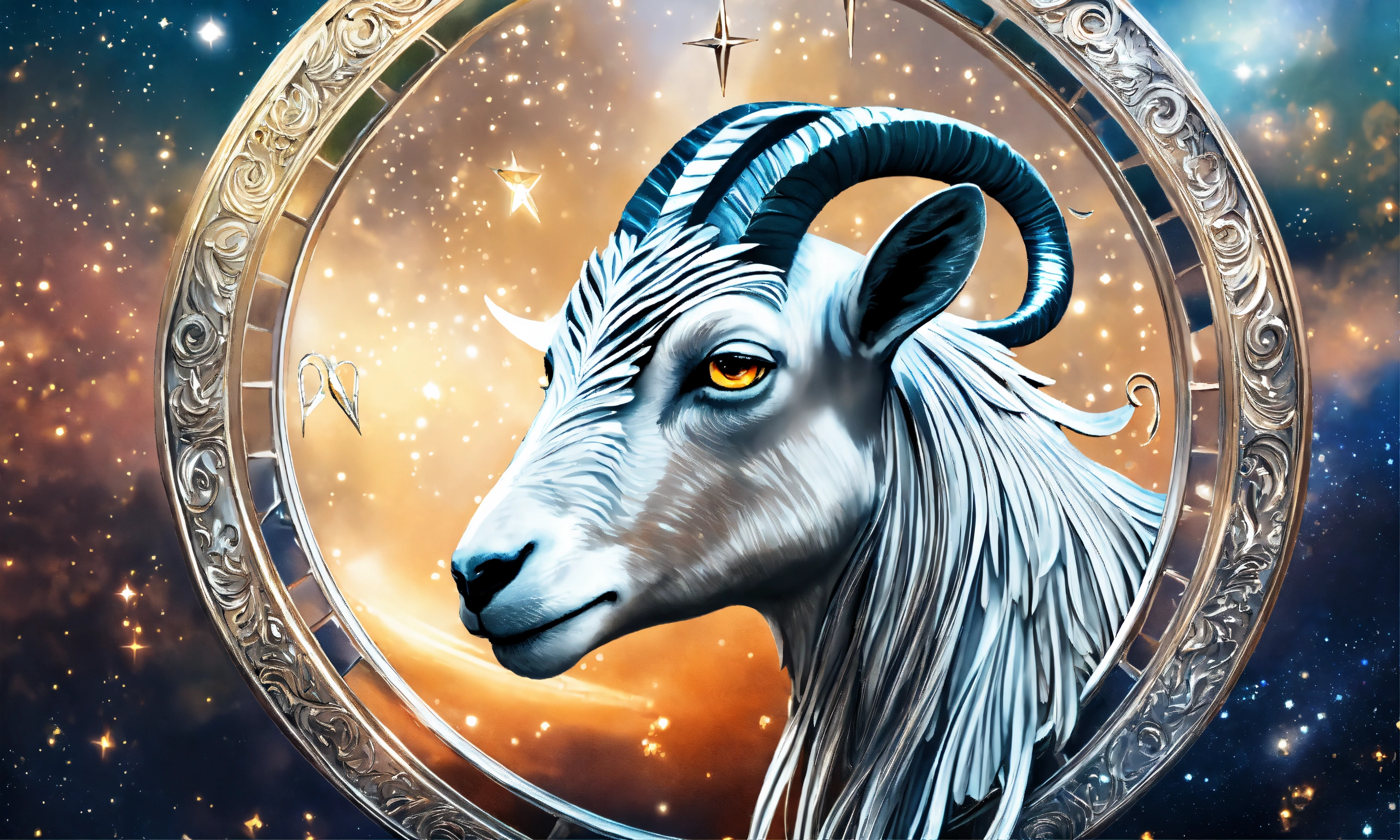 Lexica - Silver goat, zodiac sign, white, silver, universe background ...