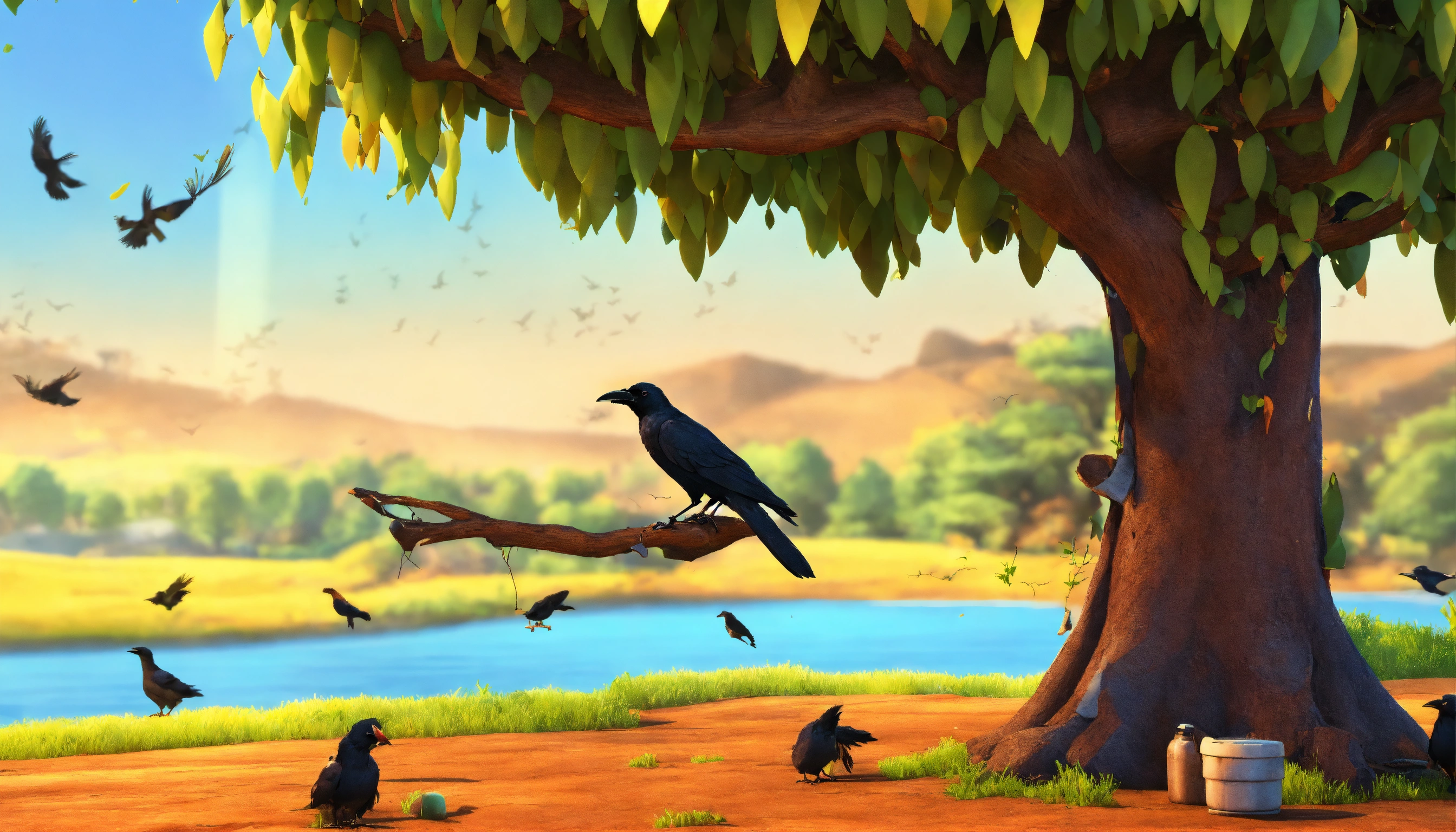 Lexica - Generate an image in which a flock of crow perched on a tree ...