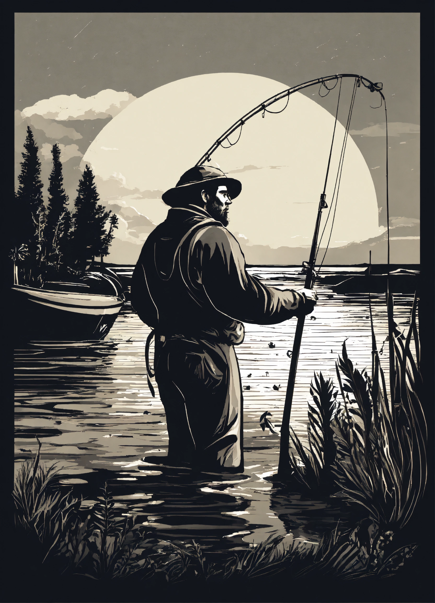 Lexica - Fisherman graphic catching fish monochrome