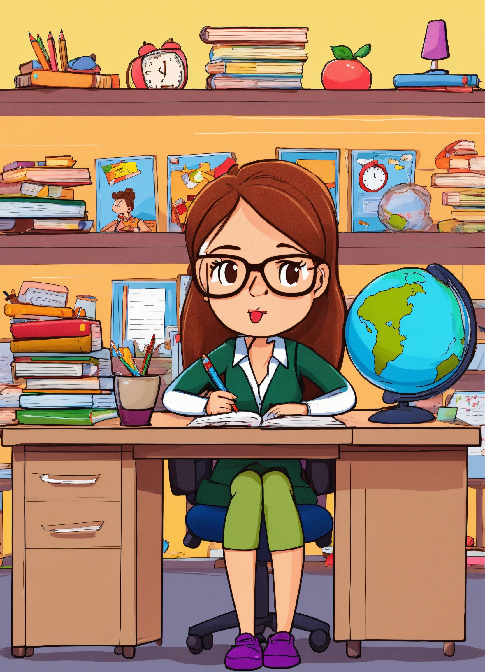 Lexica - Exhausted teacher at her desk in classroom, cartoon, sticker