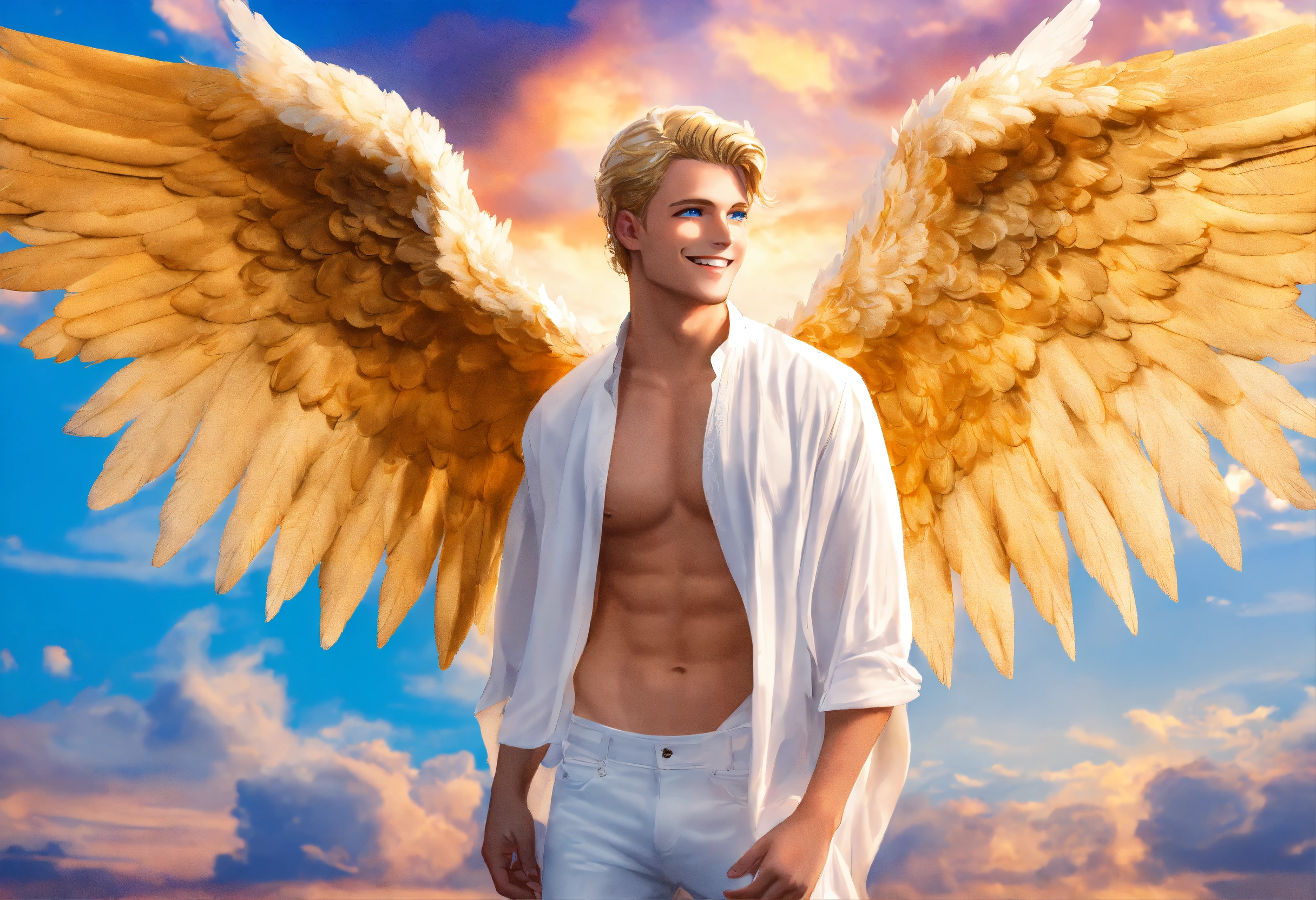 Lexica - Angel man blond blue eyes, large angel wings, fantasy clothes ...