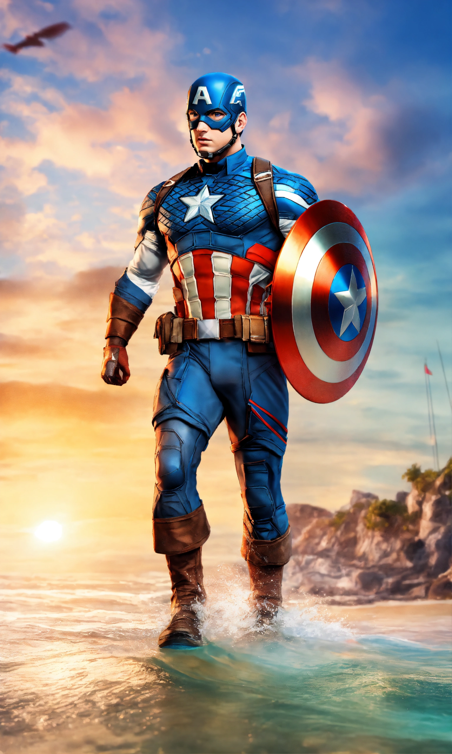 Lexica - Captain America swimming on the seaside full-body, colorful ...