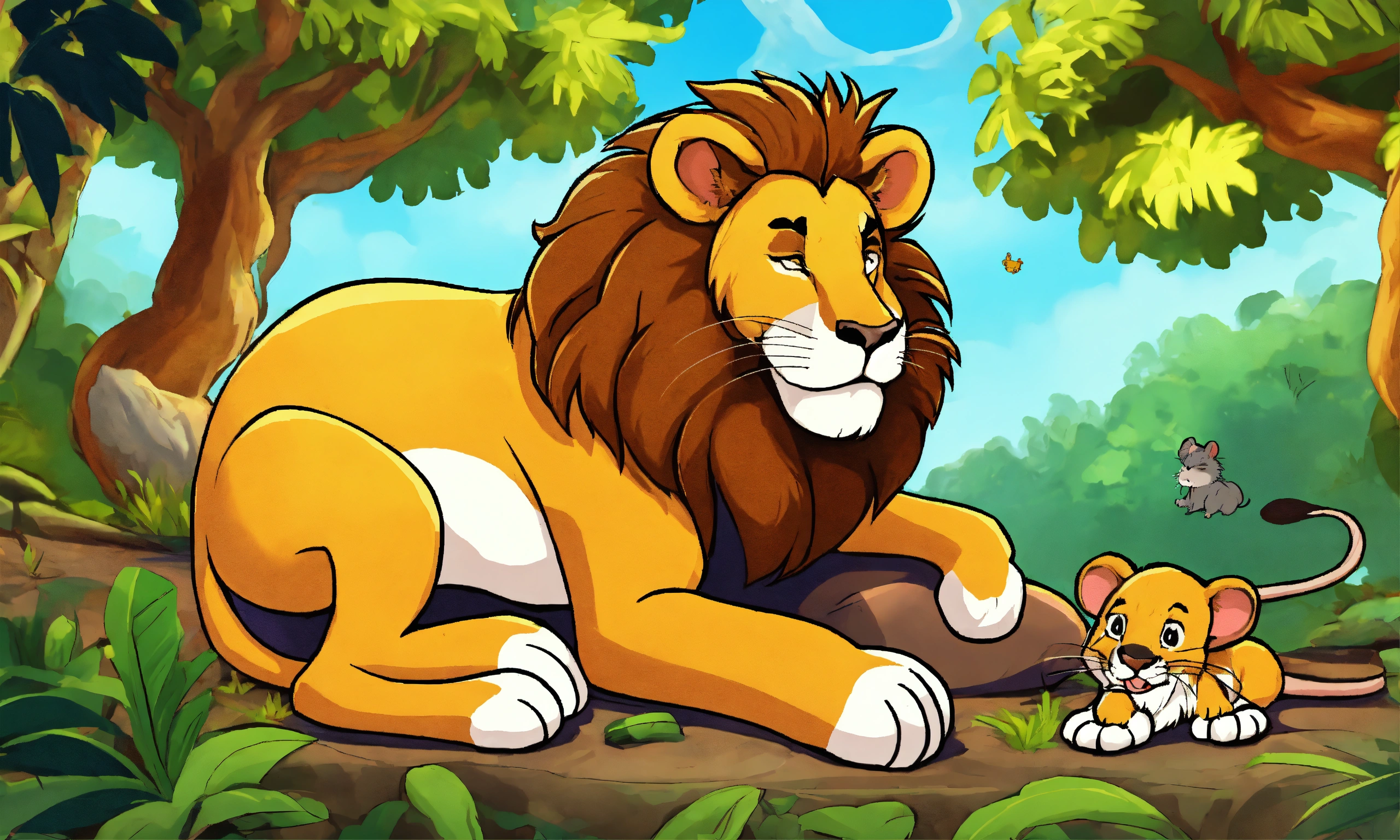 Lexica - Cartoon big lion sleeping and mouse jumping on lion in jungle