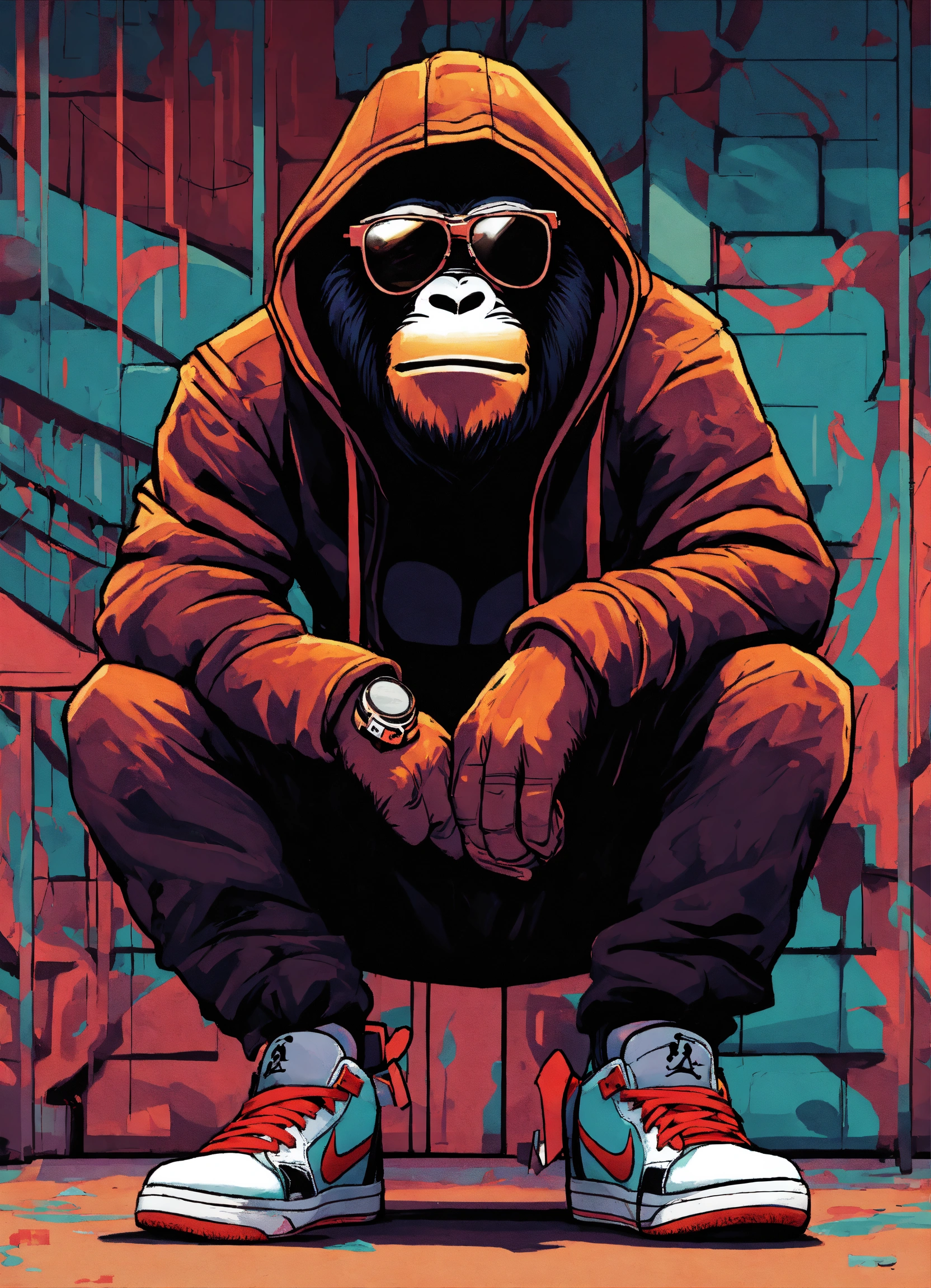 Lexica - An ape wearing a black hoodie and aviator glasses and jordans, graffiti art by hanna ...