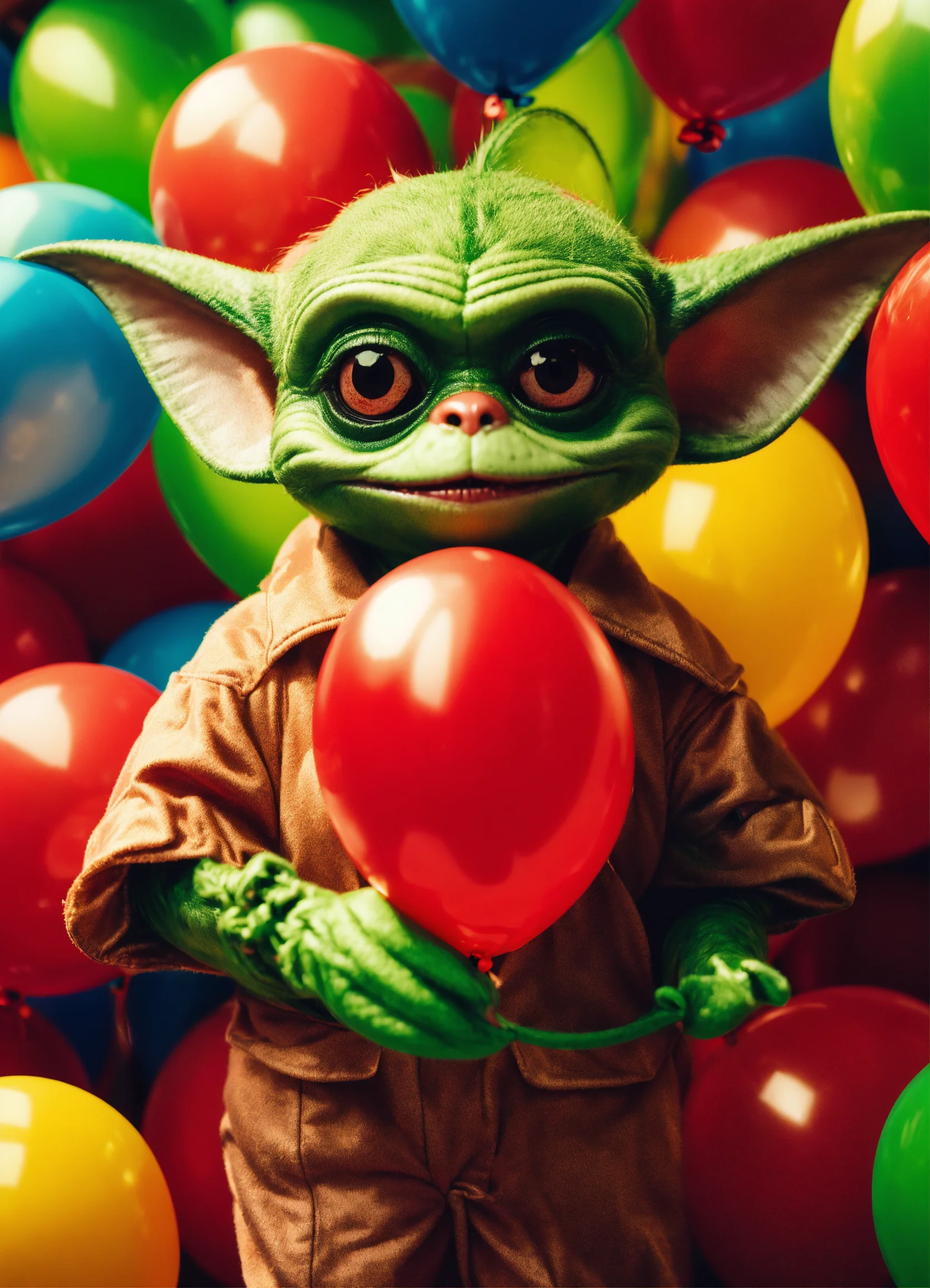 Lexica - Medium close-up, Leica portrait of a gremlin holding balloons ...
