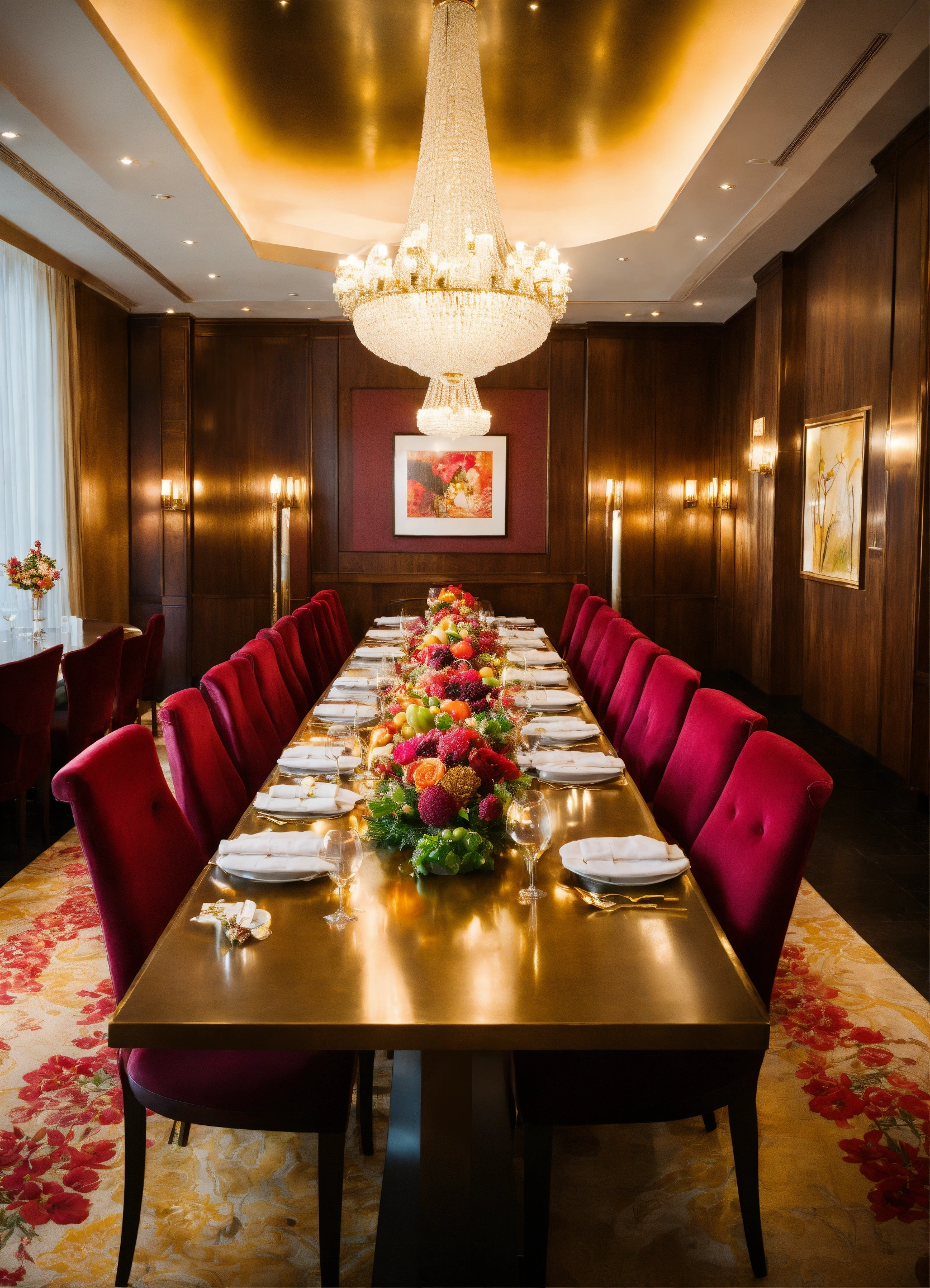 Lexica - Modern upscale hotel, private dining hall, long table, gold ...