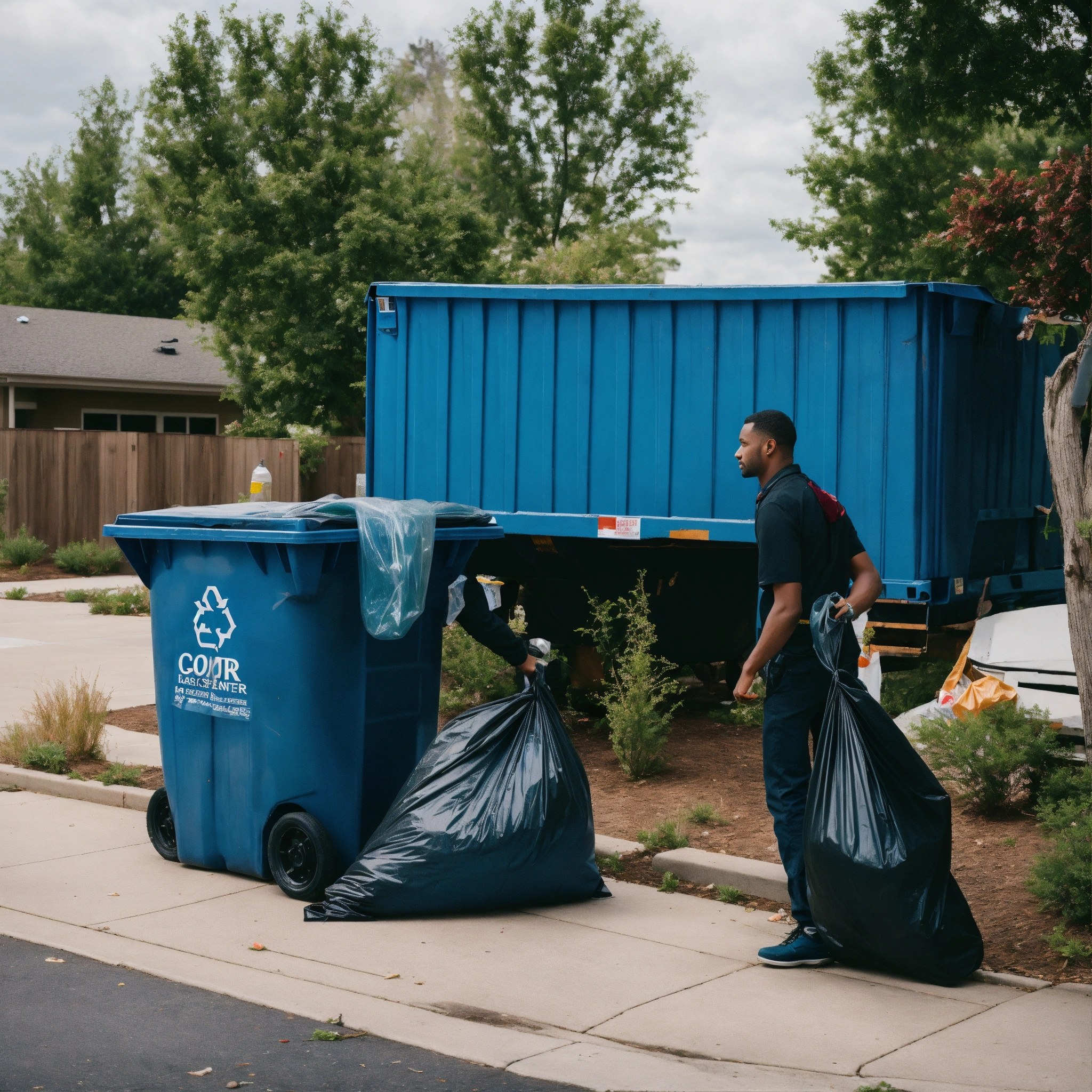 Lexica - A photo of a man taking a garbage bag out to a dumpster behind ...