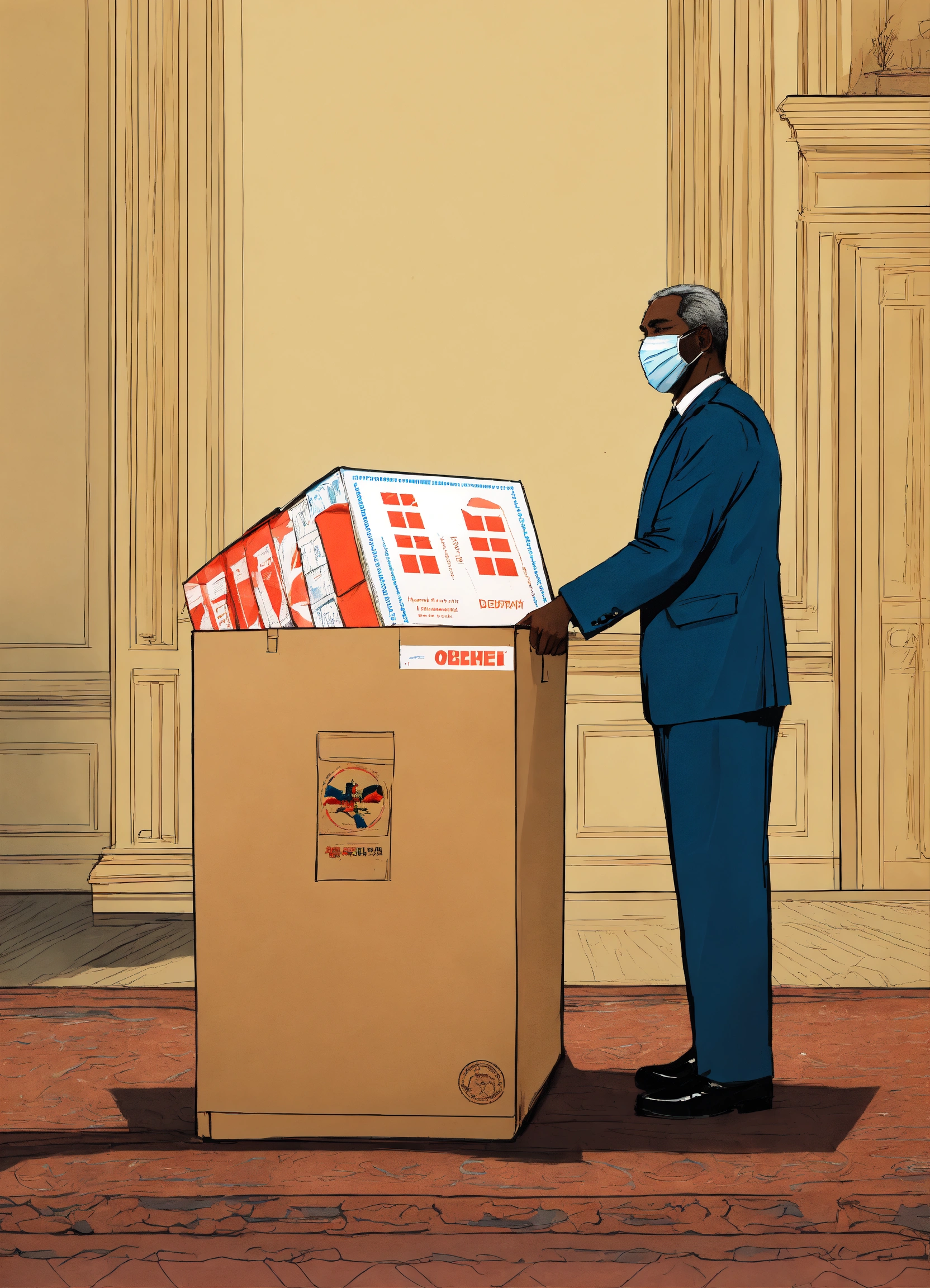 Lexica - "A dignified official stands presenting a humanitarian aid box ...