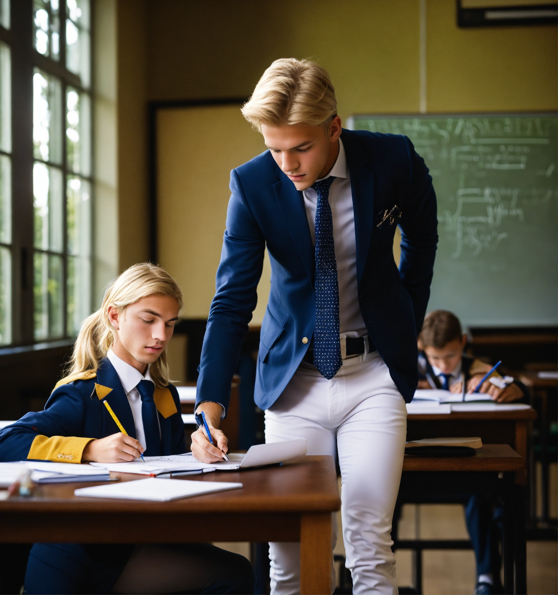 Lexica - A preppy blonde male student in navy blazer, white pants, club ...