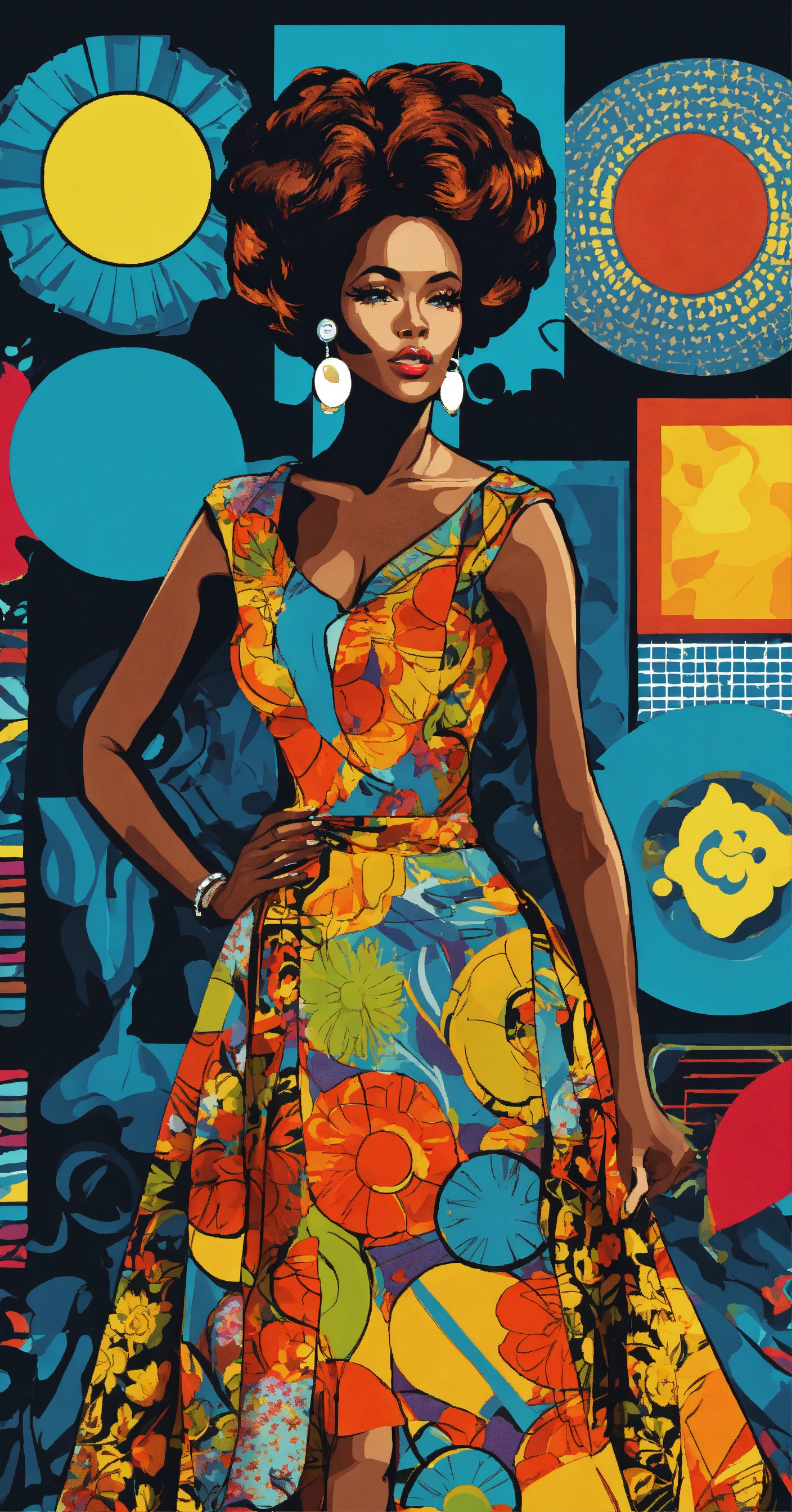 Lexica - Retro Chic Black Woman in a classic pop art dress, surrounded ...