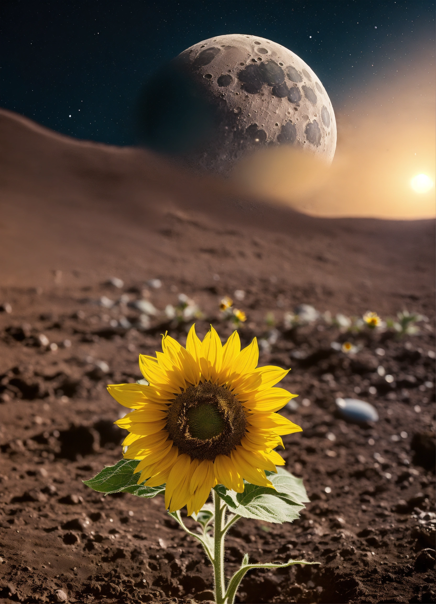 Lexica - Single sunflower growing on the surface of the moon with earth ...