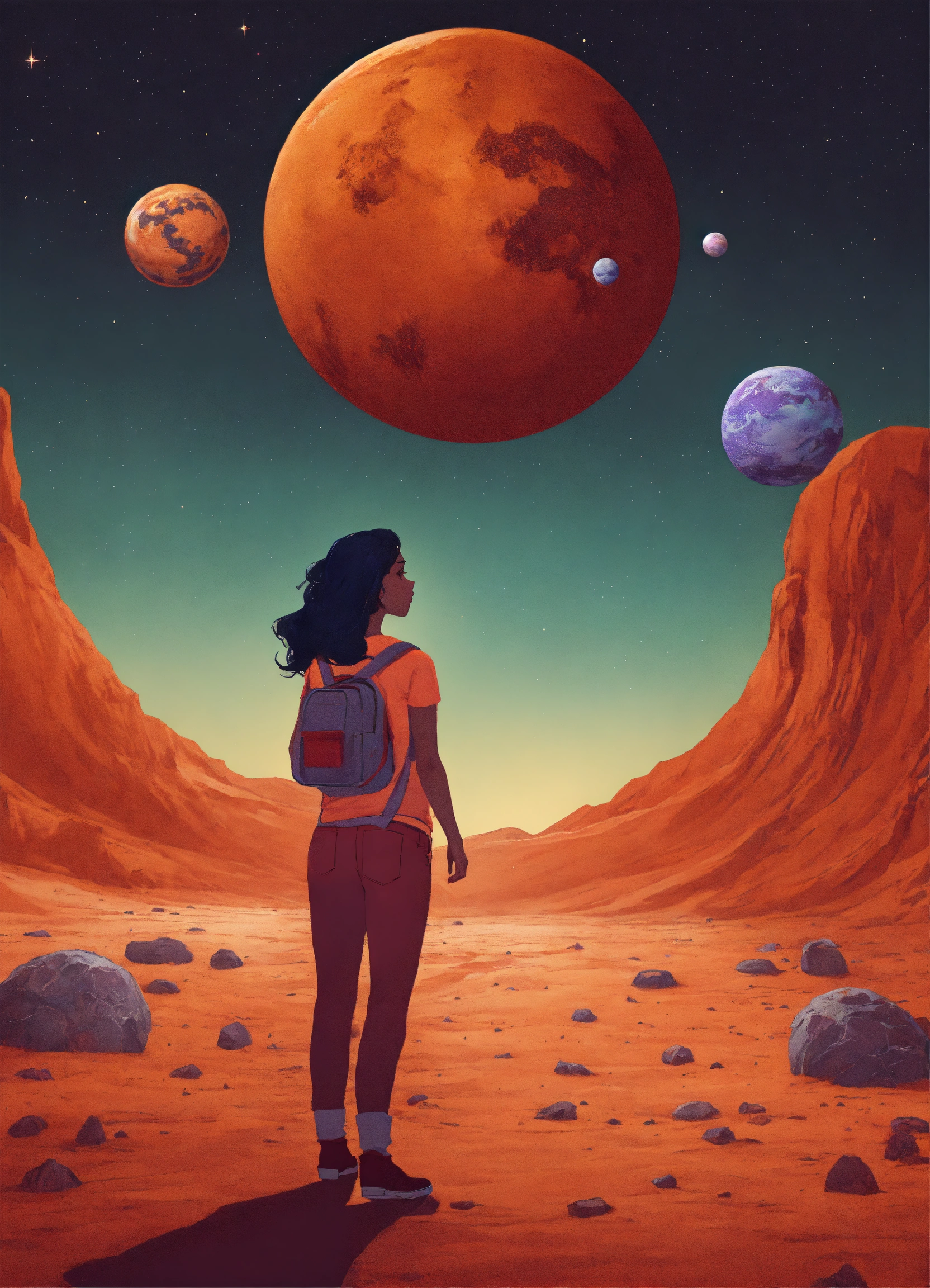Lexica - Illustration of a confused woman holding "Planet Mars"