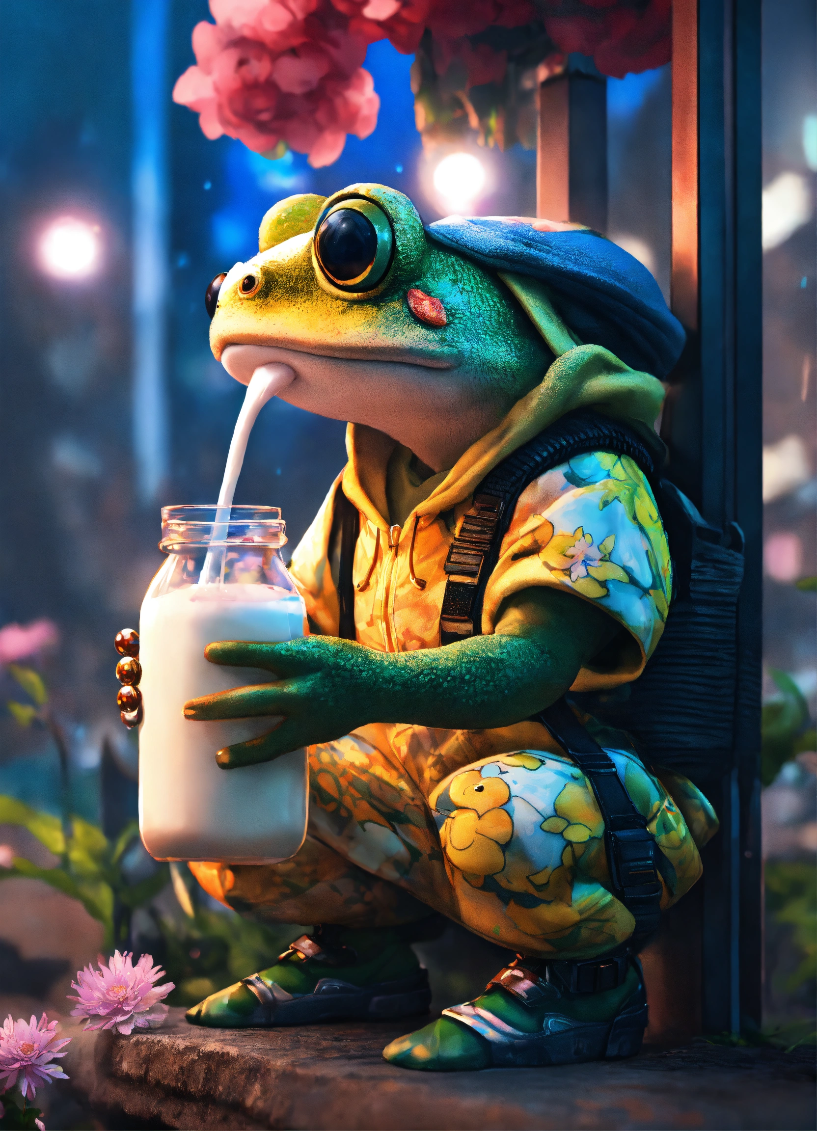 Lexica - A toad drinking milk 90s anime, cyberpunk style, of a person ...