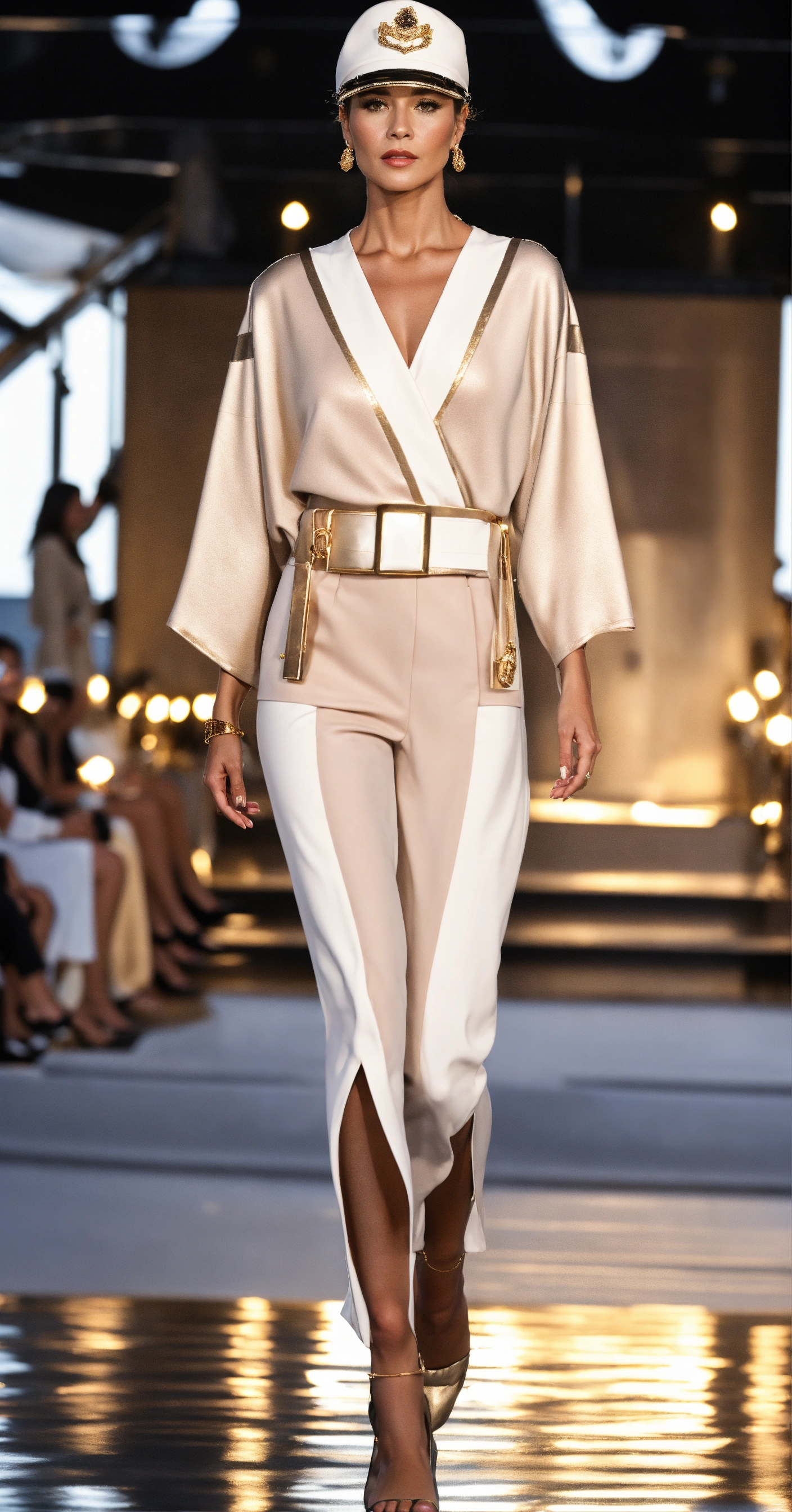 Lexica - 3d realistic photo of female captain walking runway during ...
