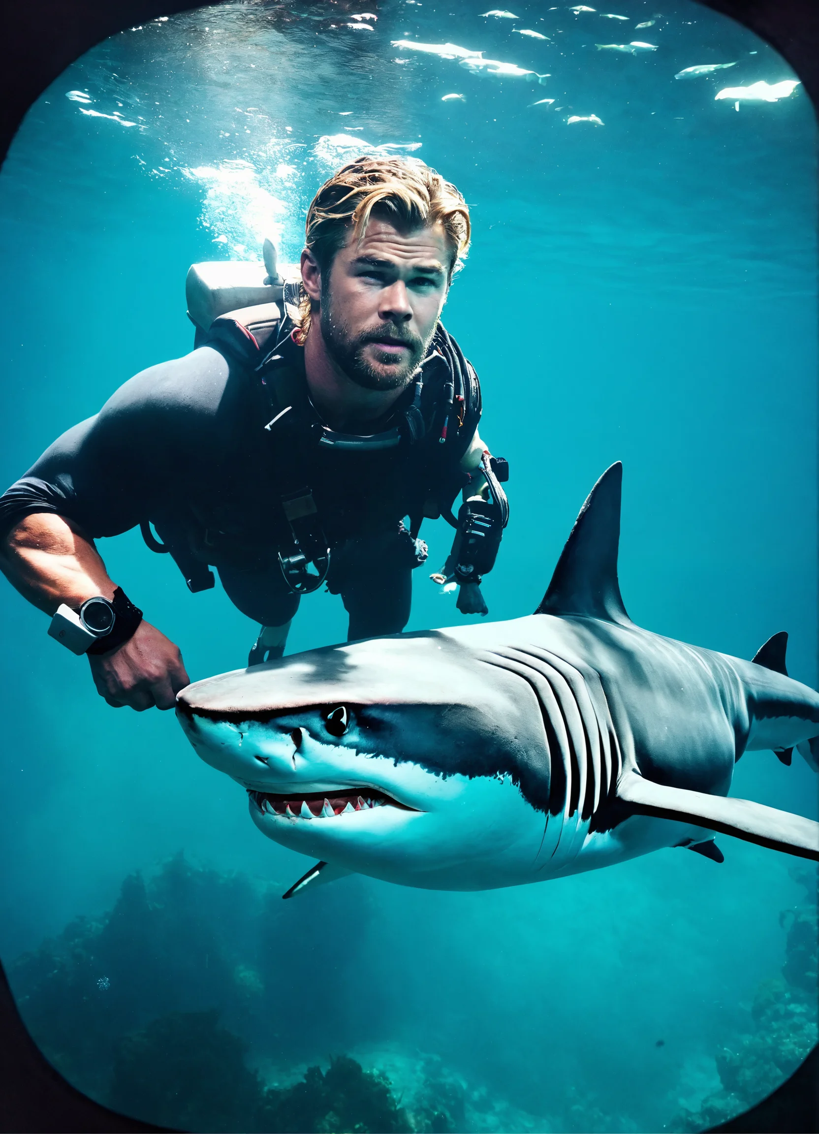 Lexica - Chris Hemsworth with shark under water like king of ocean