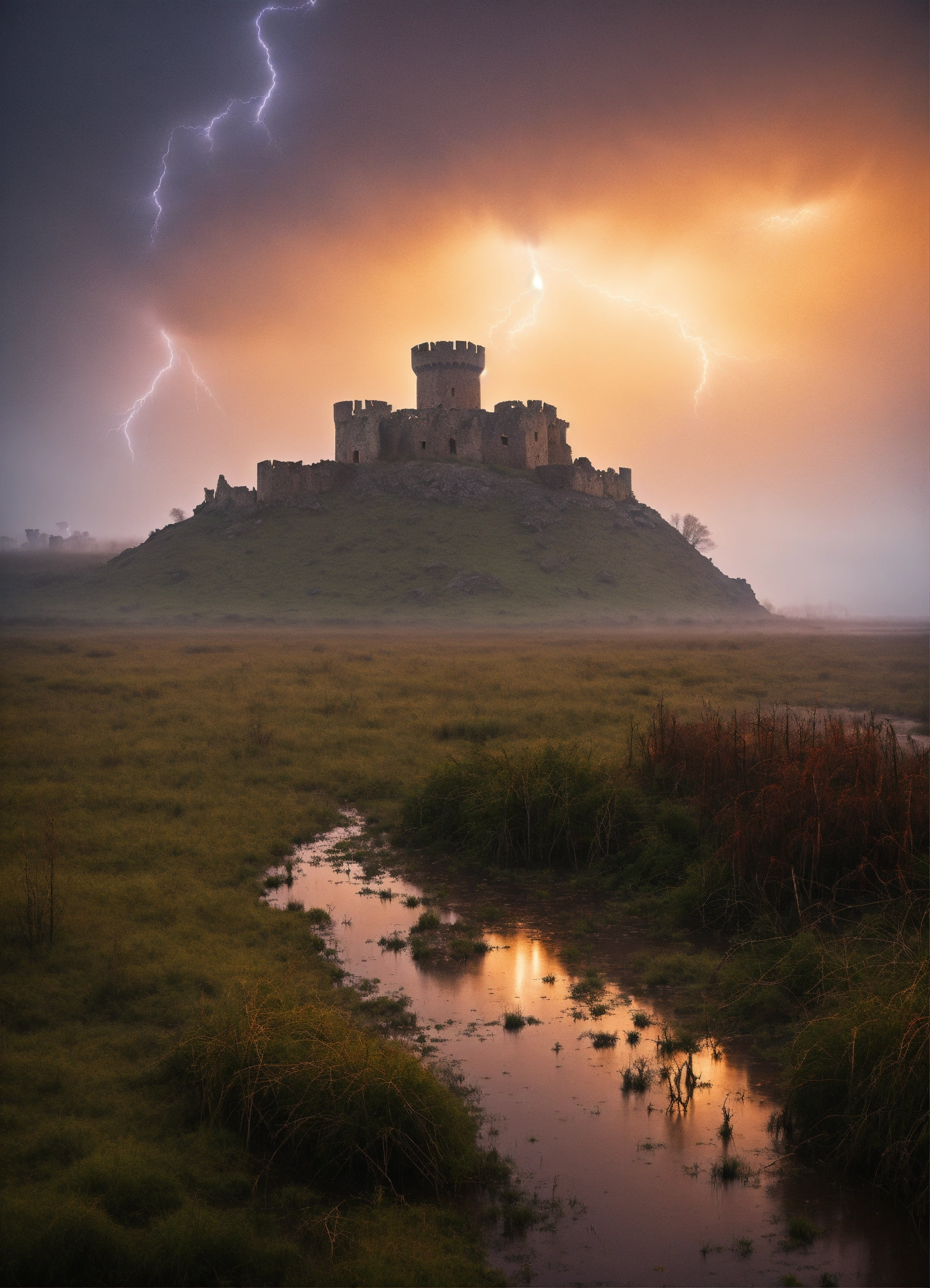 Lexica - Ruin of a stone castle in the middle of a foggy barren swamp ...